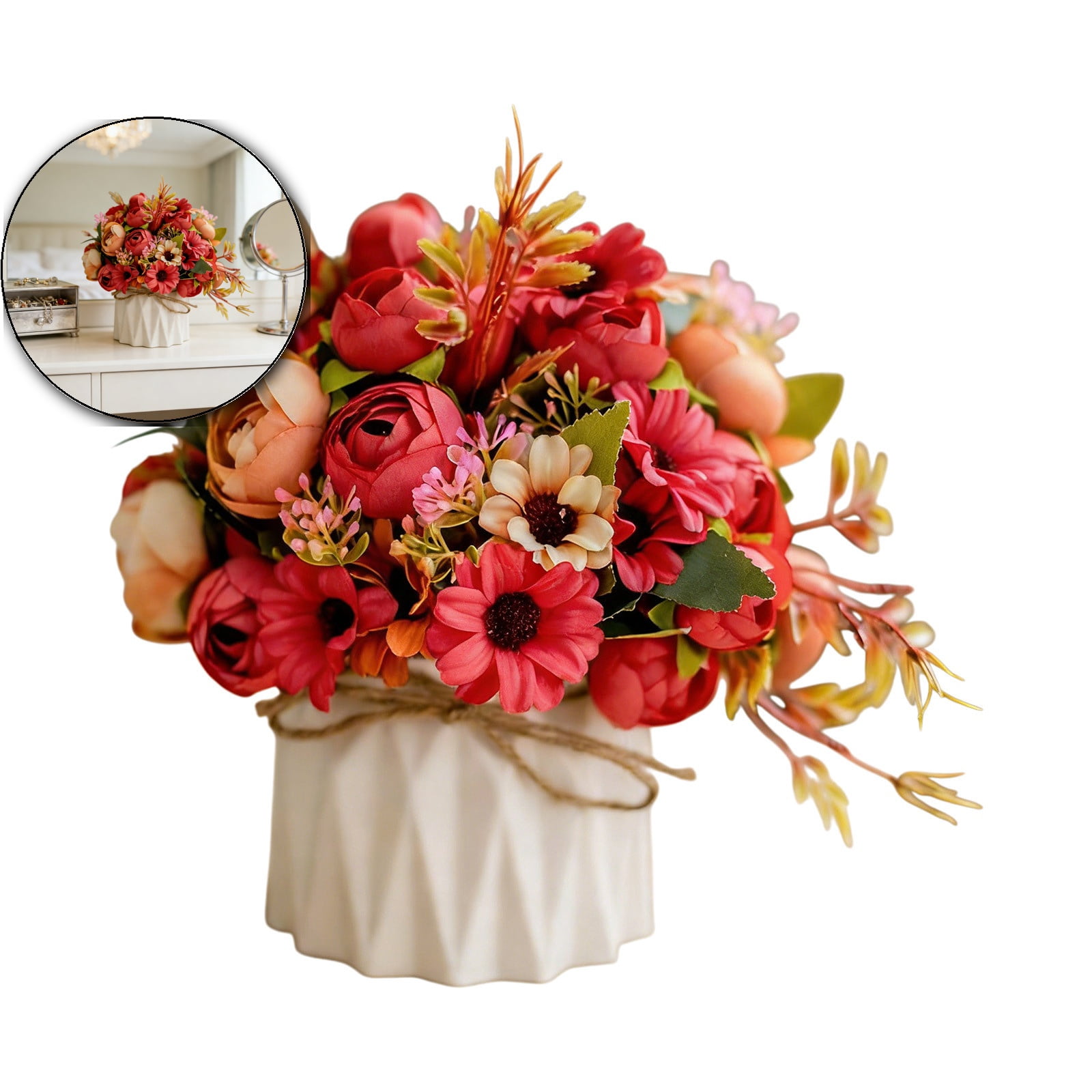 Artificial Silk Flowers Set, Ceramic Hemp Rope Vase, Artificial Potted ...