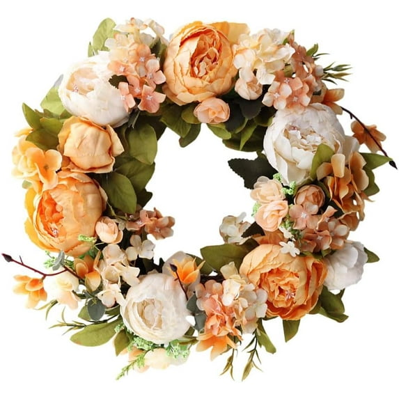 Artificial Silk Peony Floral Wreath, 13.7'' Orange Door Decor Wreath ...