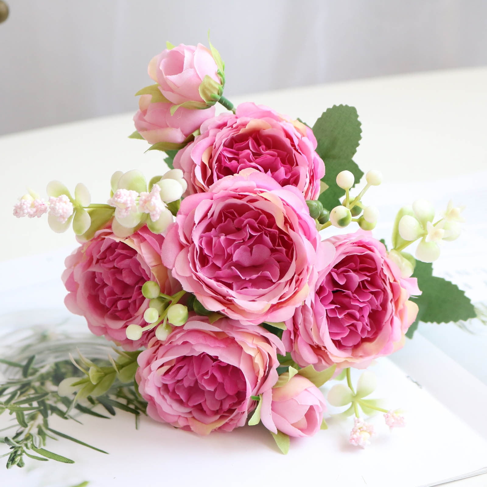 Artificial Silk Peony Flowers Bouquet, 5 Large Flower Heads & 4 Buds ...