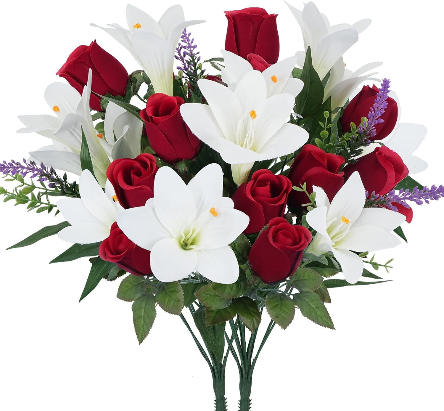 Artificial Silk Red Roses Bouquet Mixed White Lily lavender, 2pcs 26 ...
