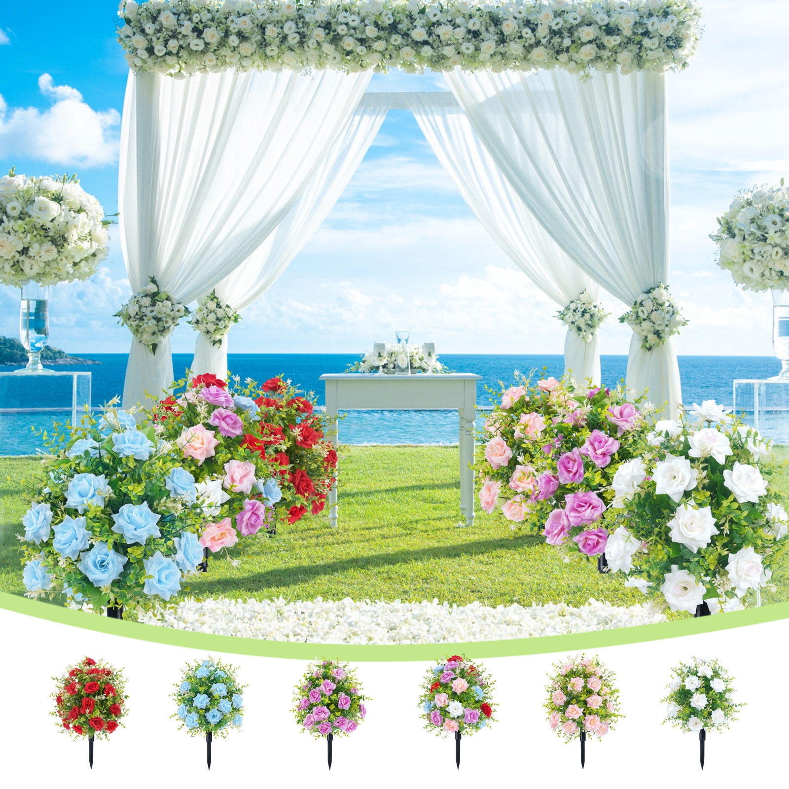 Artificial Silk Rose Bouquet with Ground Spike for Outdoor Garden Decor ...
