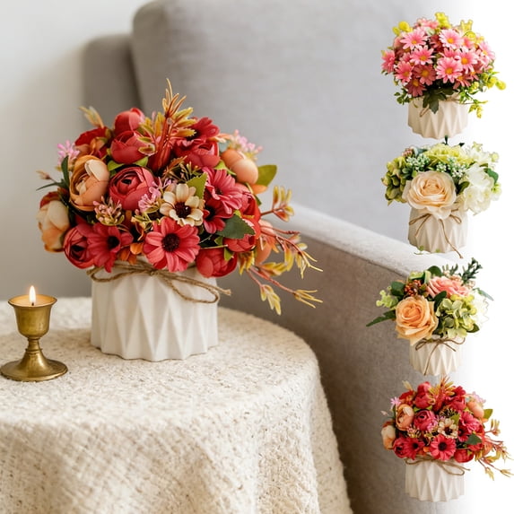 Artificial Silk Rose Bouquet with Ceramic Vase – Fake Flower Decoration ...