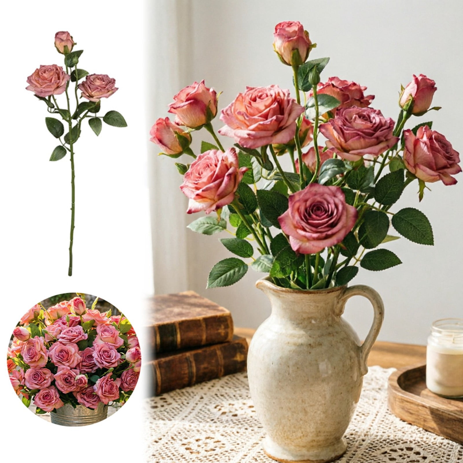 Artificial Silk Rose Stem 3-Head Rose Pick with Leaves for Wedding ...
