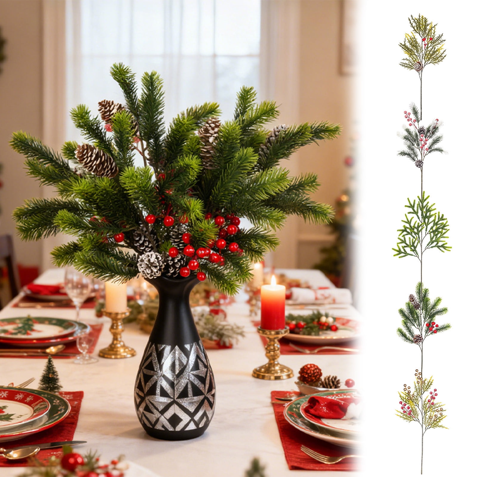 Artificial Simulation Pine Needle Branch | Christmas Red Berry ...