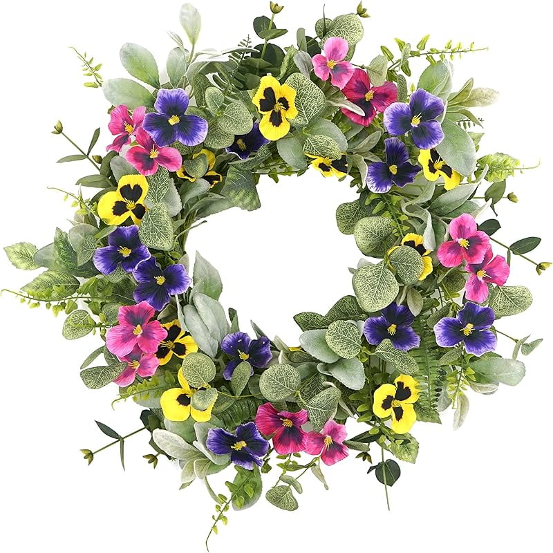 Artificial Spring Summer Wreath with Pansy Flowers,Flocked Lamb Ear ...