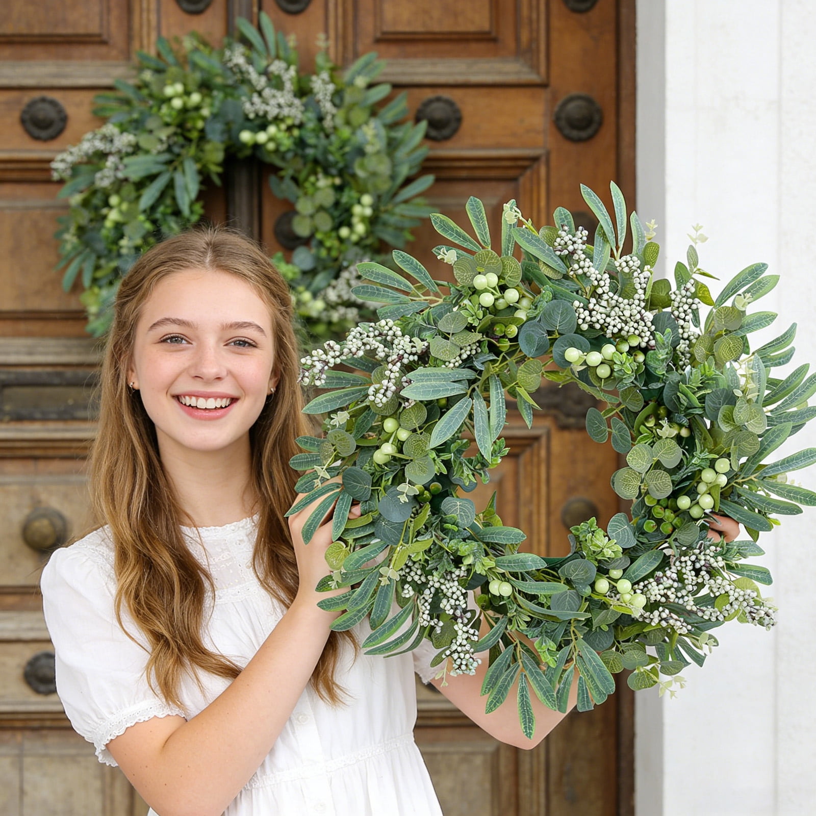 Artificial Spring Summer Wreath for Front Door, Eucalyptus Boxwood with ...