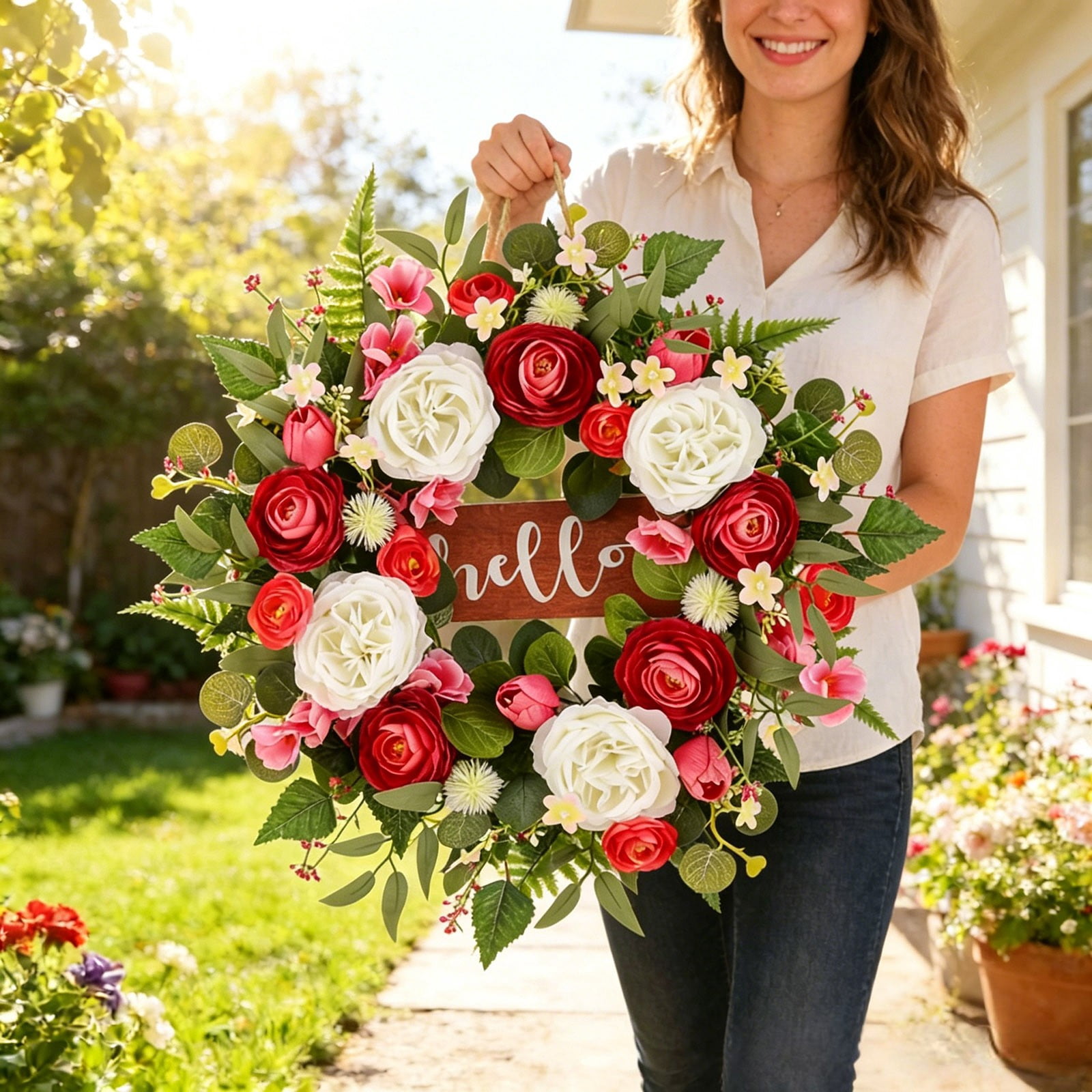 Artificial Spring Wreath, Rattan Front Door Hanger, Indoor Outdoor ...