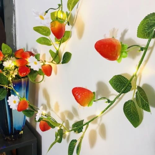 Artificial Strawberry Flower Vine with 20 LED String Lights Garland ...