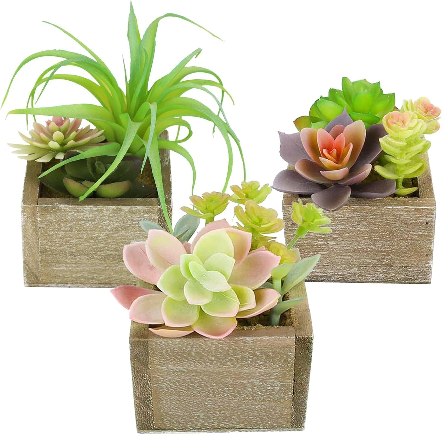 Artificial Succulents Indoor, Set of 3 Mini Potted Greenery in Rustic ...