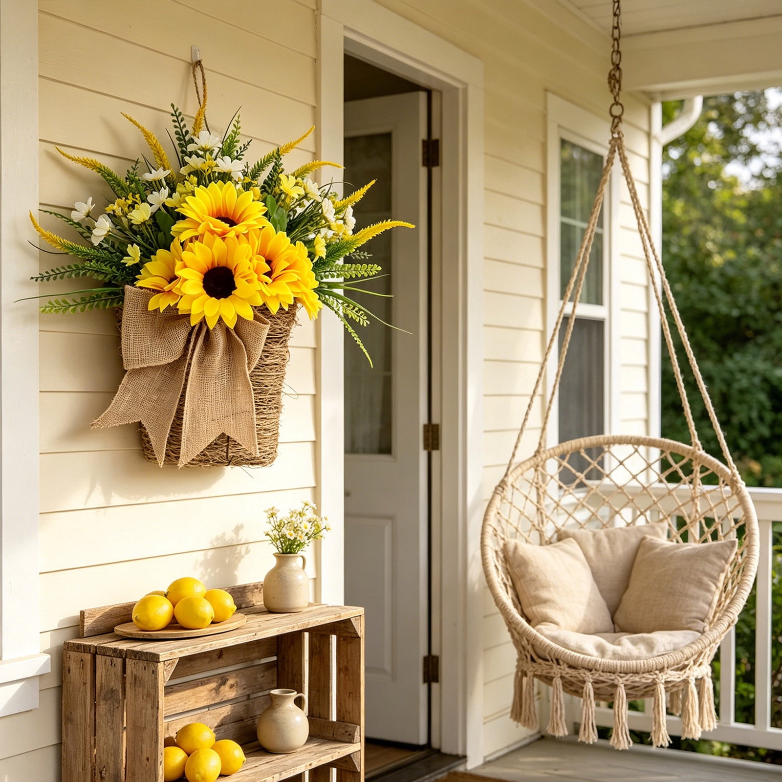 Artificial Sunflower Basket Hanging Decoration, Realistic Floral Wall ...