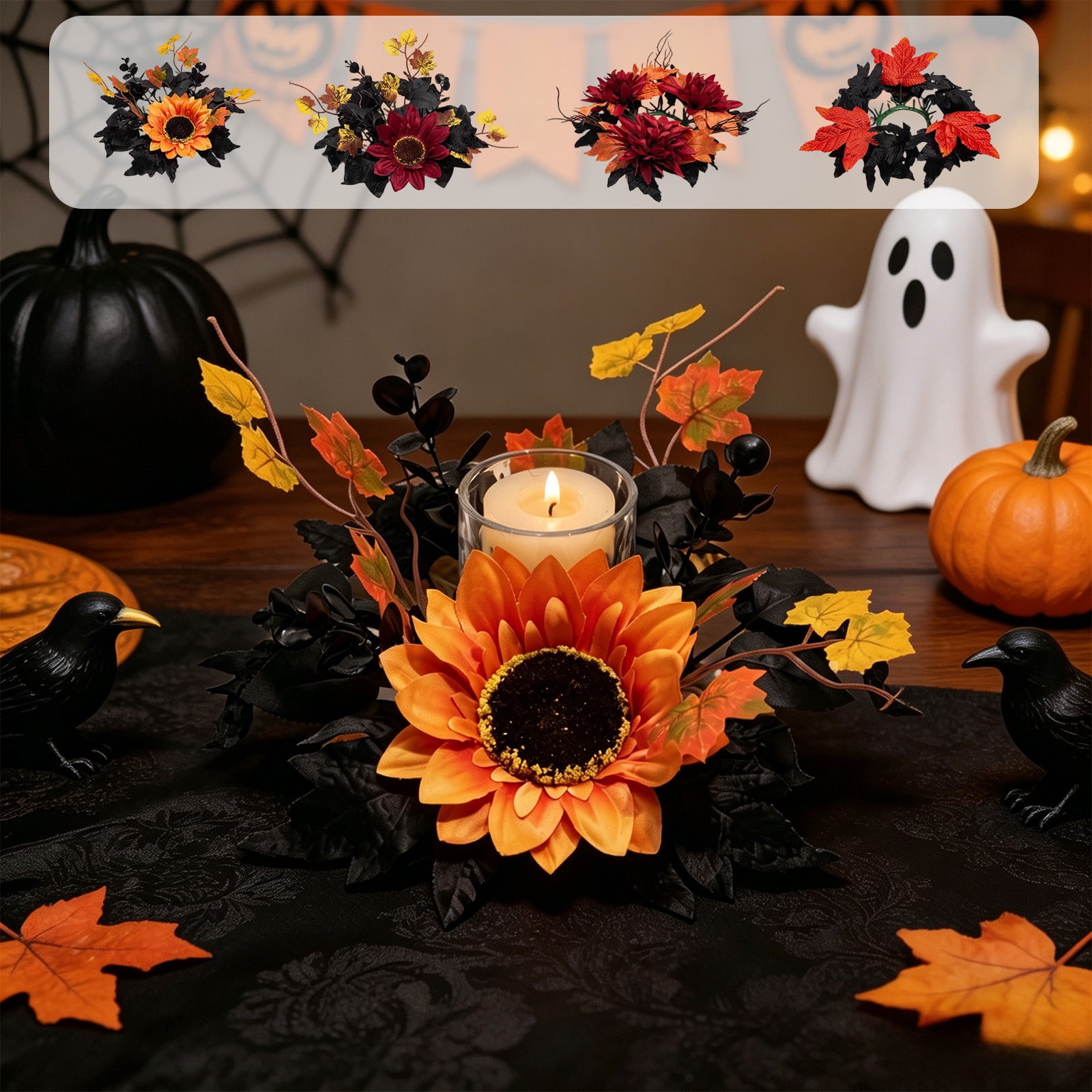 Artificial Sunflower and Maple Leaf Candle Ring Wreath, Combined ...