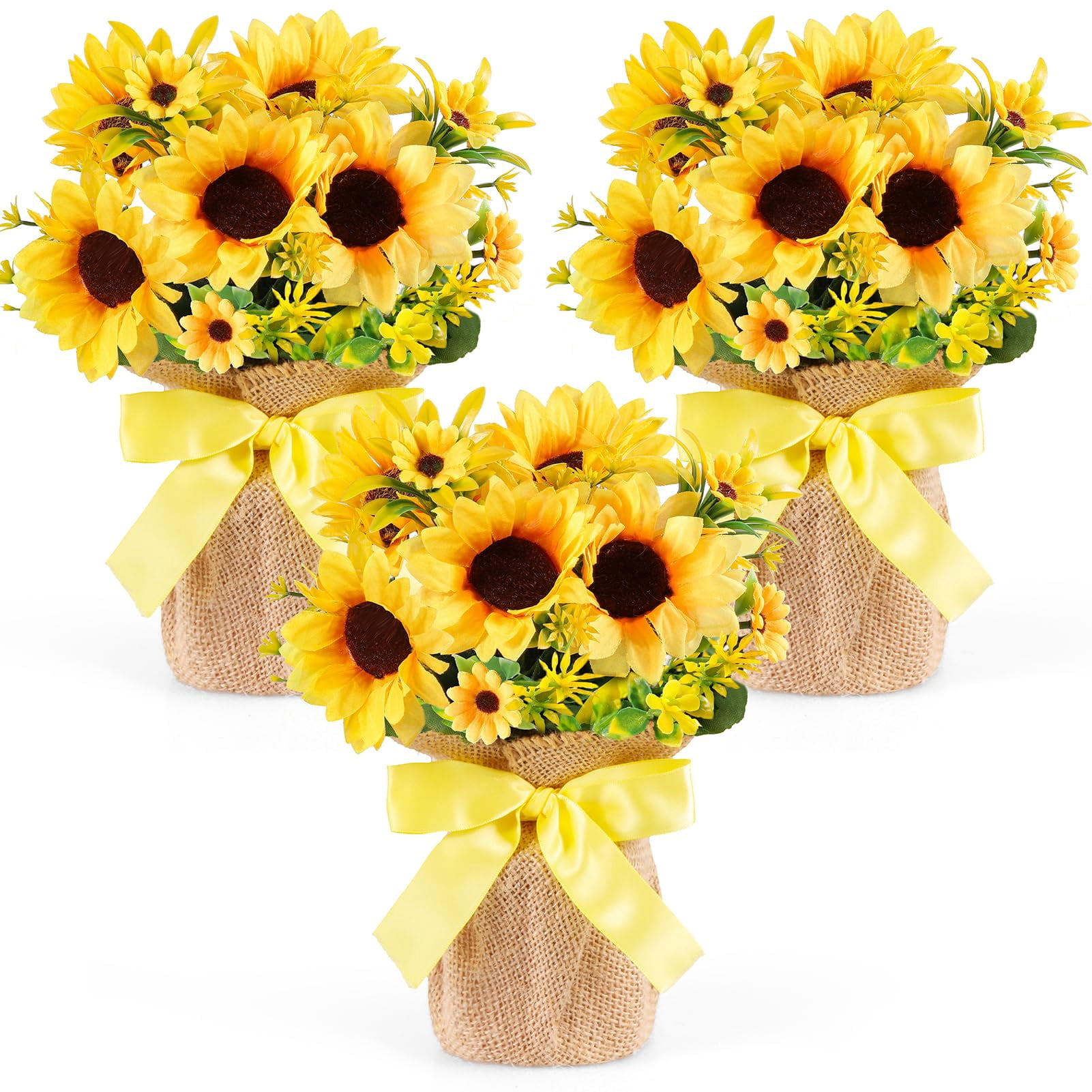 Artificial Sunflower Potted Plants 3 Pack Burlap Bag Vases Indoor ...