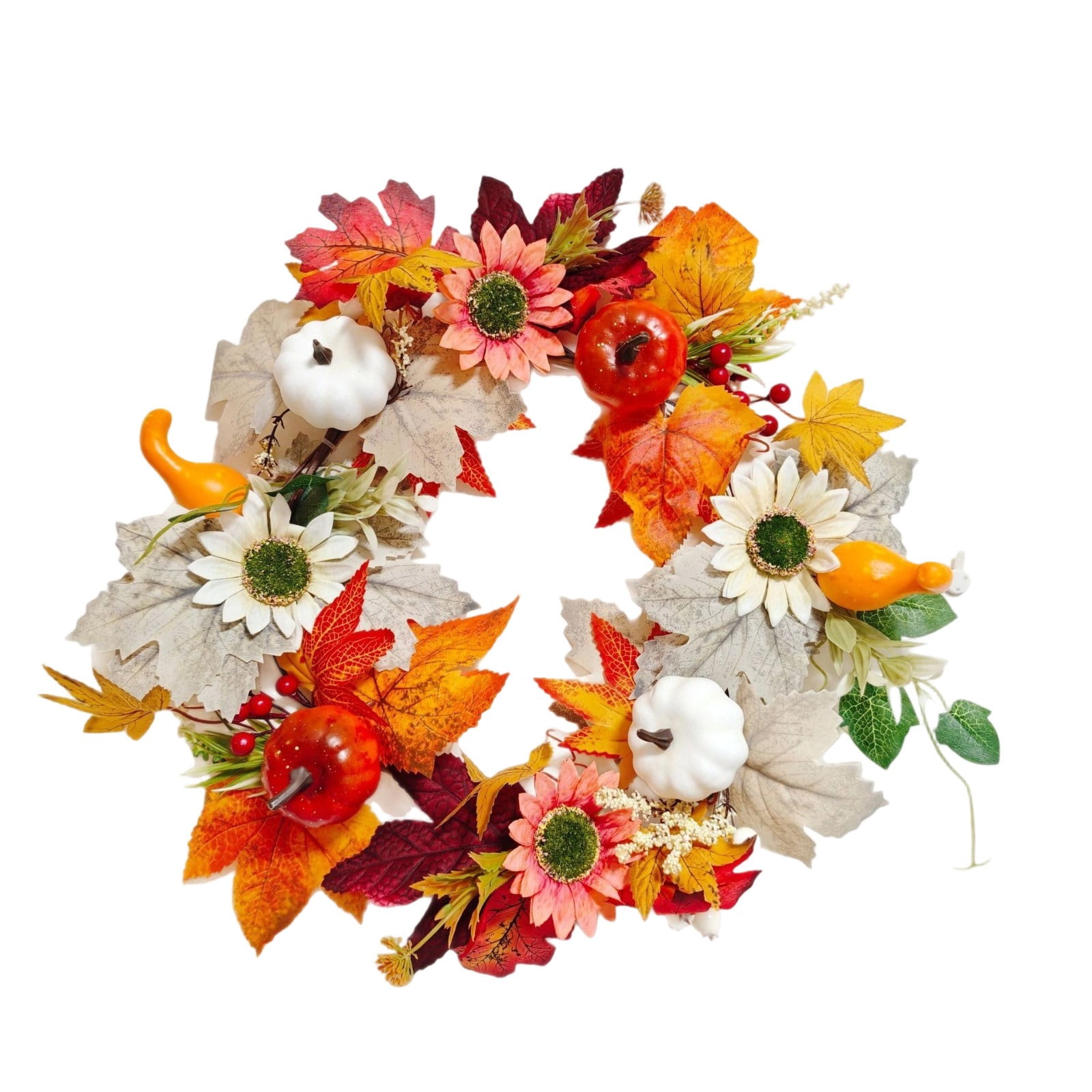 Artificial Sunflower Pumpkin Wreath - Fall Door Decor with Maple Leaves ...