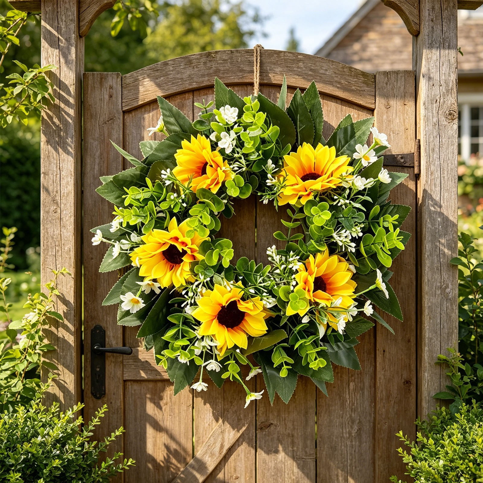 Artificial Sunflower Wreath - 13.8 Inch Plastic Foliage Wreath for ...