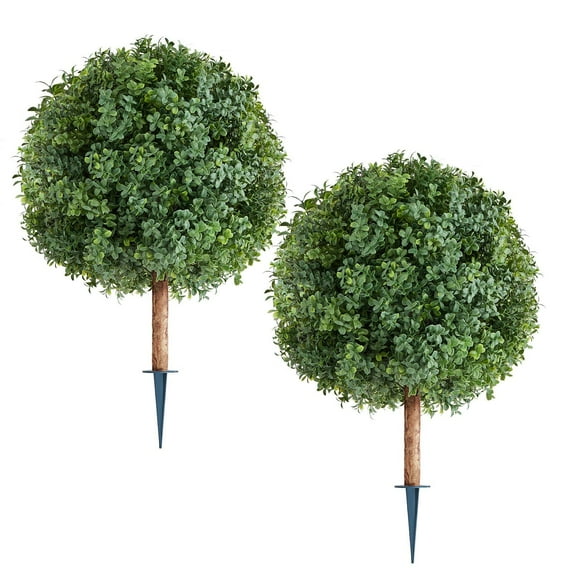 Artificial Topiary Boxwood Trees, 27 inch Set of 2 Fake Shrubs with ...