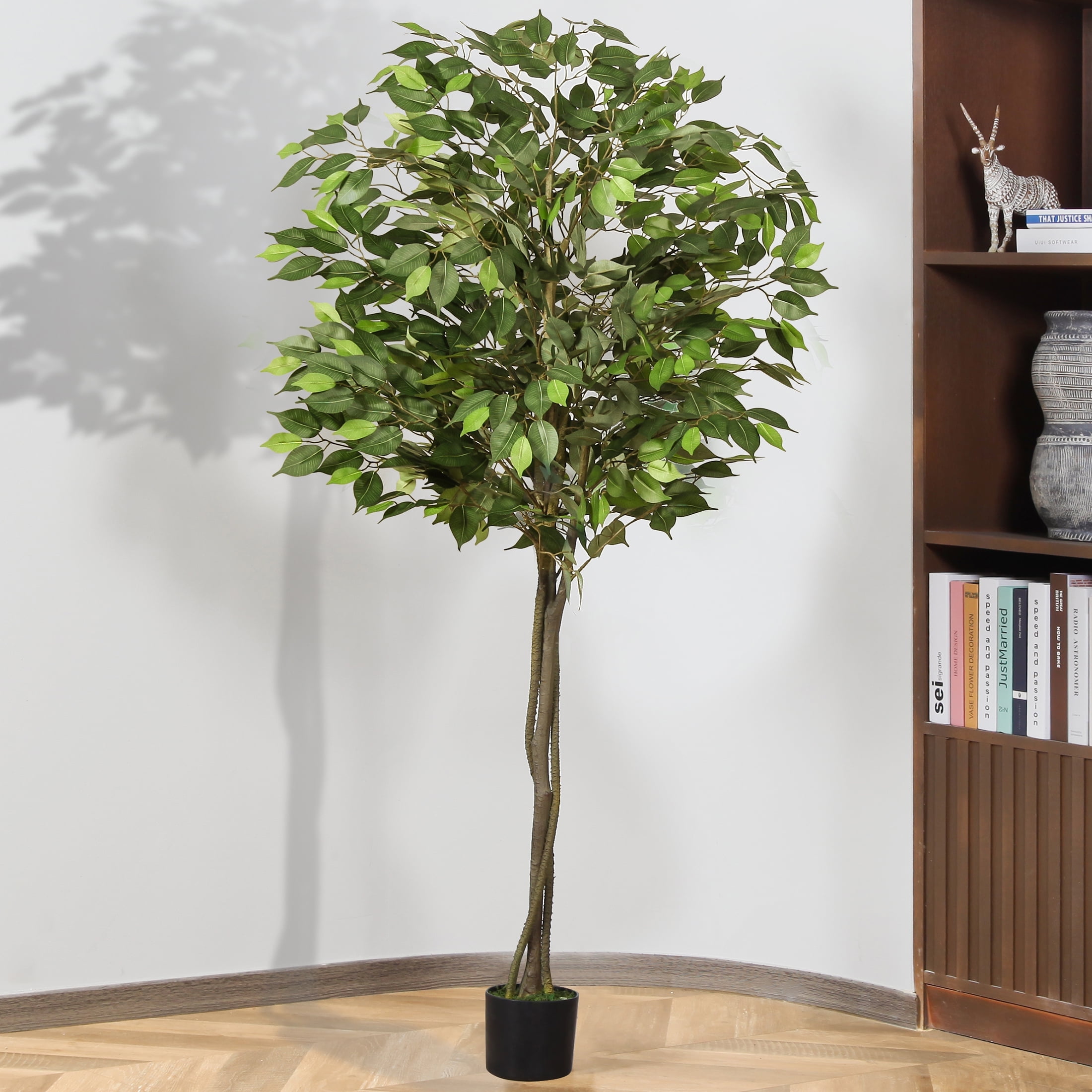 Artificial Tree, 6ft Fake Ficus Tree, Faux Plastic Ficus Plant in Pot ...