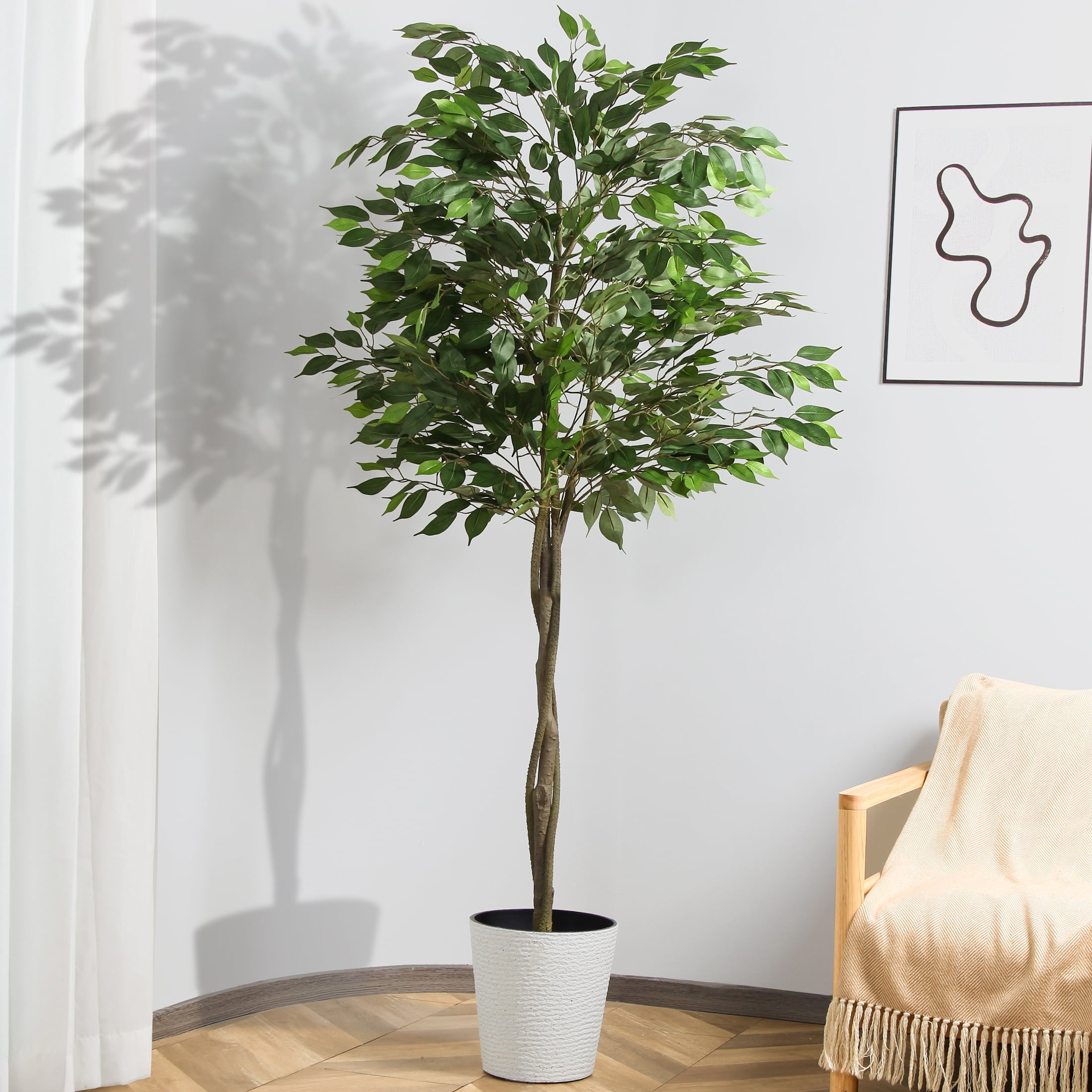 Artificial Tree, 7ft Fake Ficus Tree, Faux Plastic Ficus Plant in Pot ...