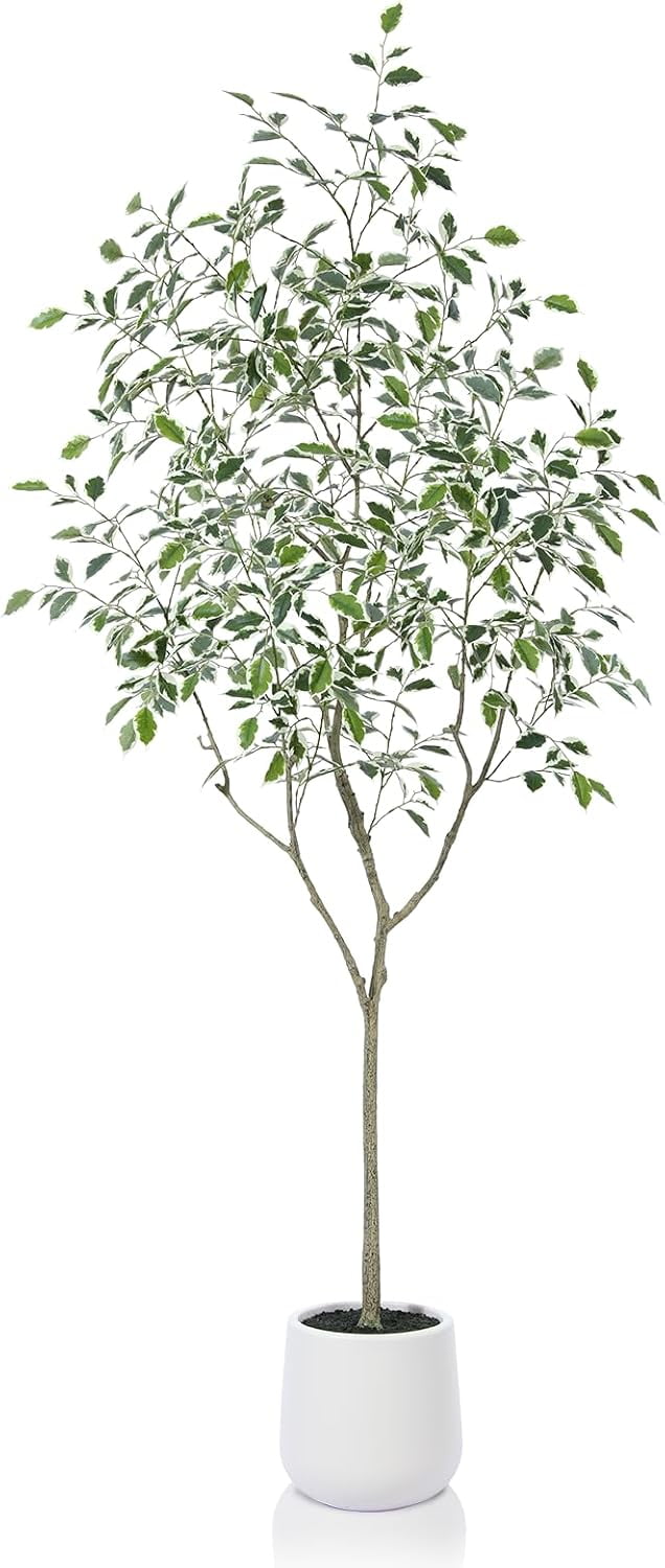 Artificial Tree, 7ft Tall Fake Ficus Silk with 9in White Planter for ...