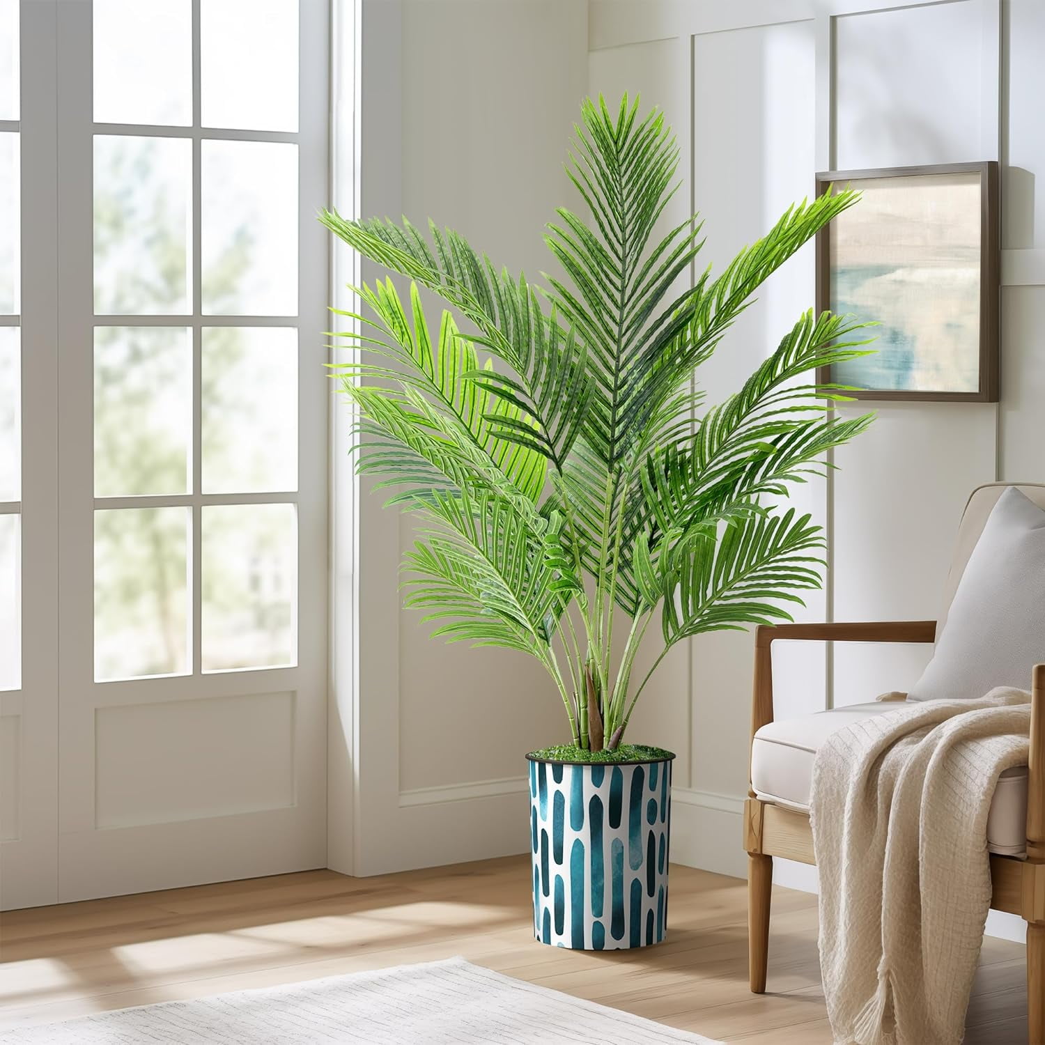 Artificial Tree in Abstract Blue Pattern Planter, Fake Areca Tropical Palm Silk Tree for Indoor ...