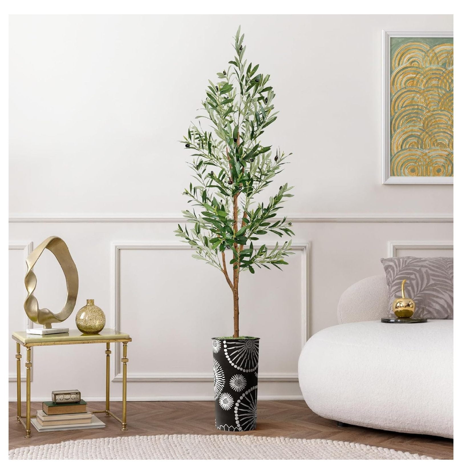 Artificial Tree in Black and White Patterned Planter, Fake Olive Silk ...
