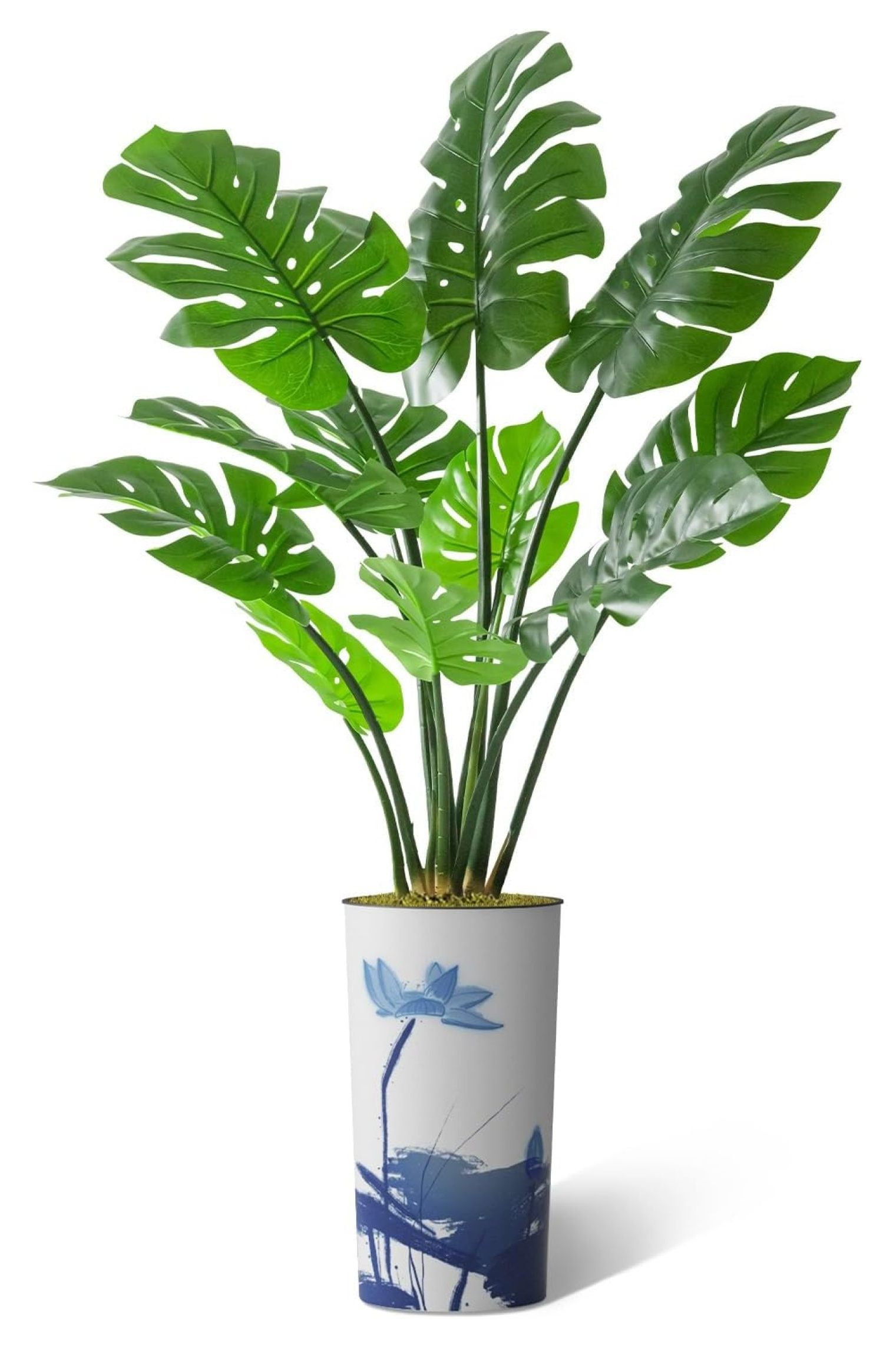 Artificial Tree in Blue Flower and Paint Texture Planter, Fake Monstera ...