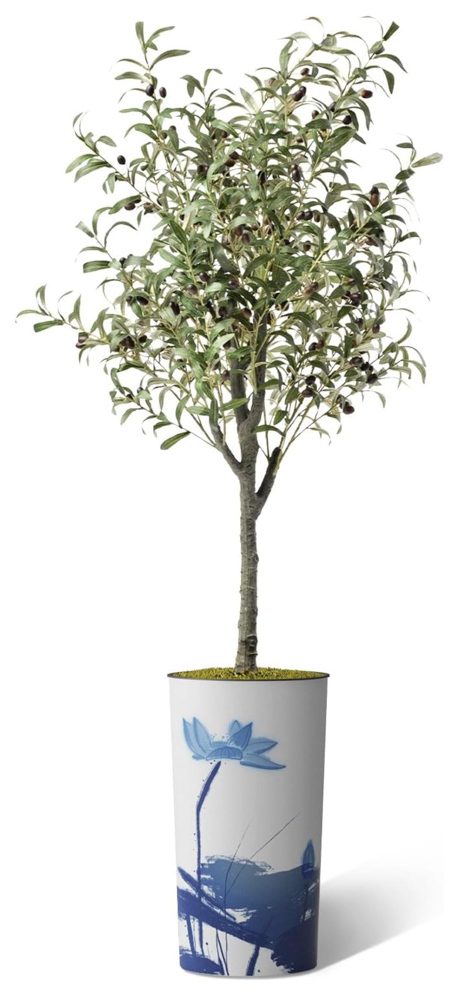 Artificial Tree in Blue Flower and Paint Texture Planter, Fake Olive ...