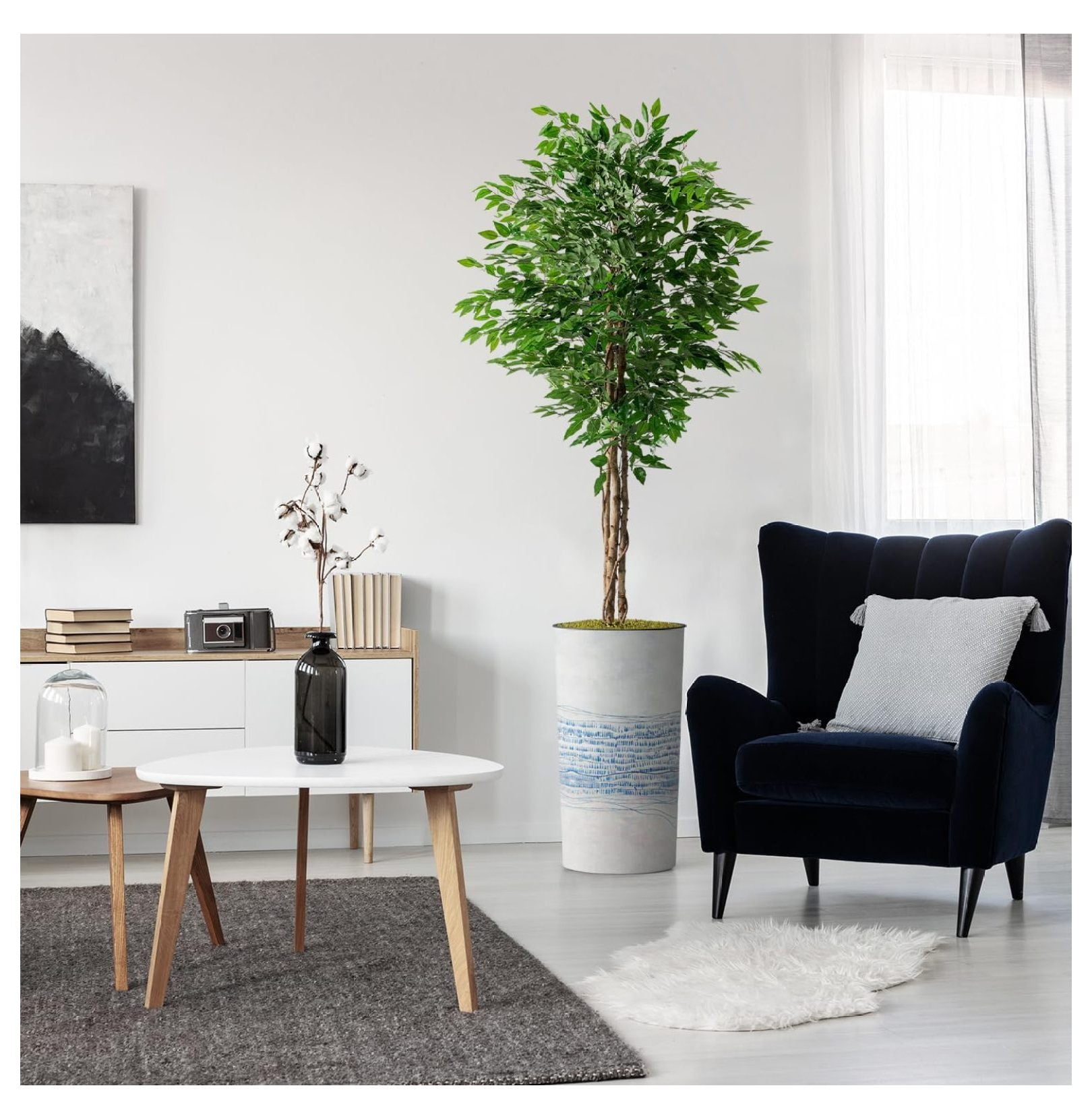 Artificial Tree in Blue Gray Industrial Line Pattern Planter, Fake ...