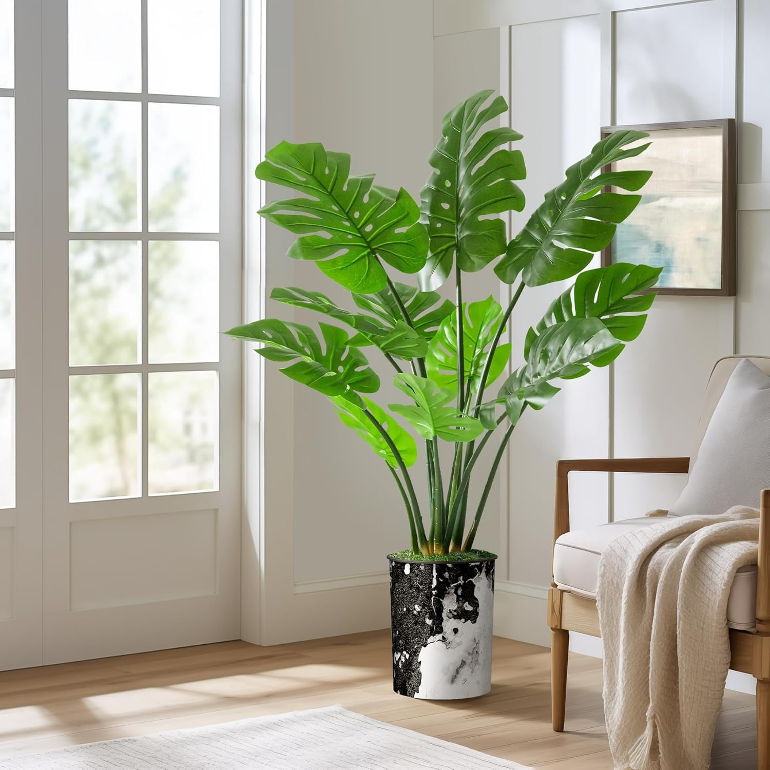 Artificial Tree in Contemporary Granite Effect Planter, Fake Monstera ...