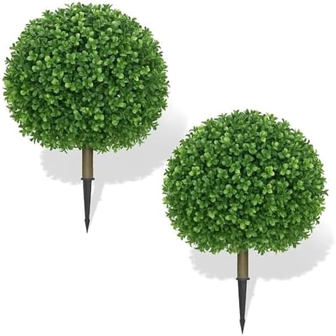 Artificial Tree with Ground Spike, Set of 2 Artificial Shrub Bushes ...