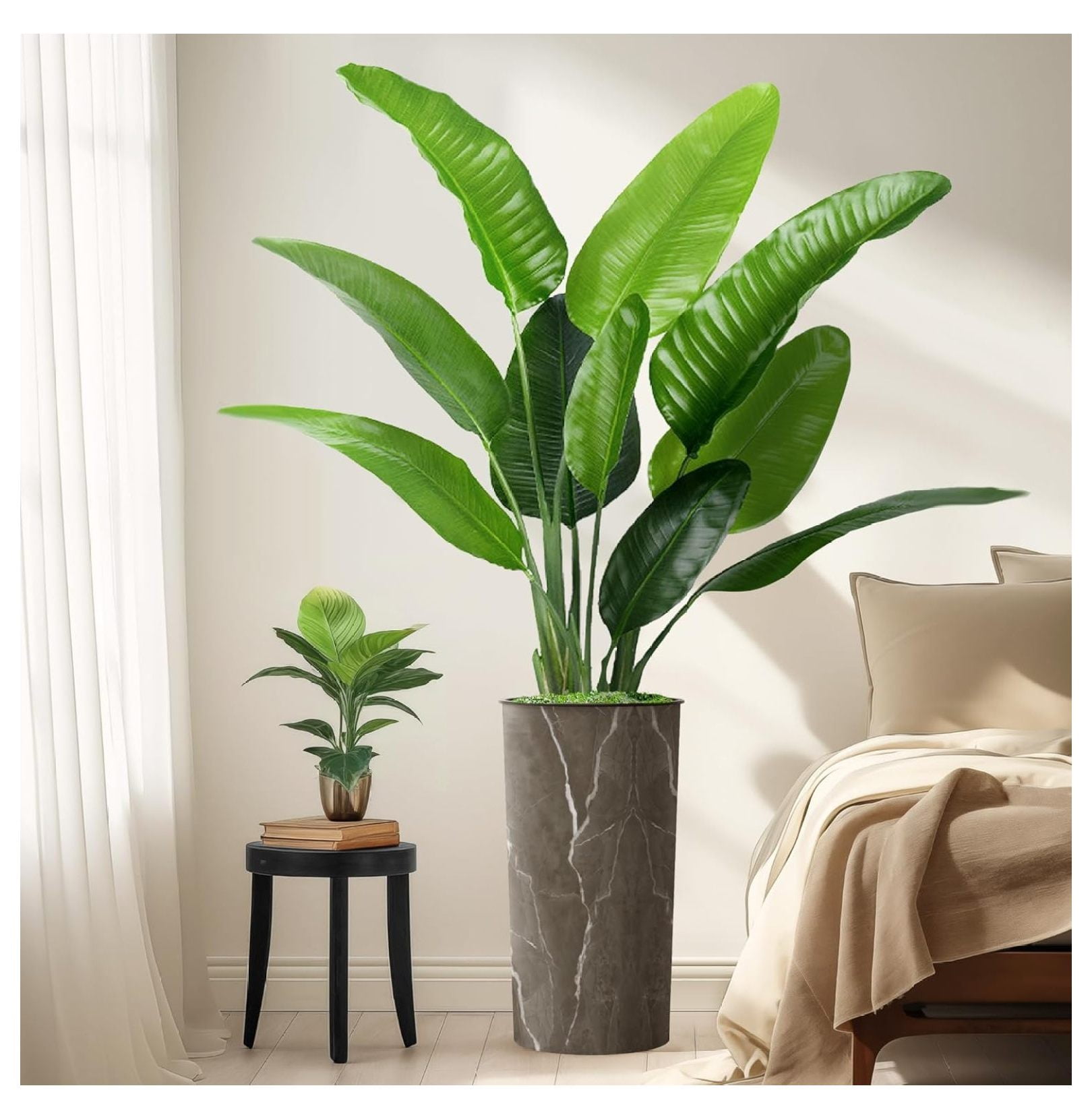 Artificial Tree in Modern Granite Effect Planter, Fake Banana Leaf Silk ...