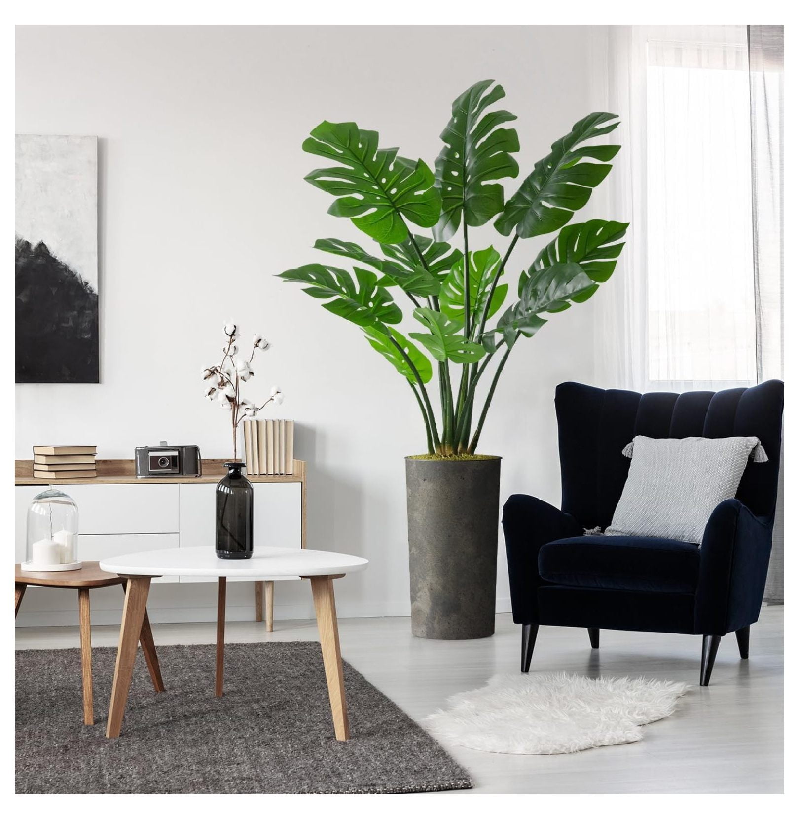 Artificial Tree in Modern Gray Texture Planter, Fake Monstera Silk Tree ...