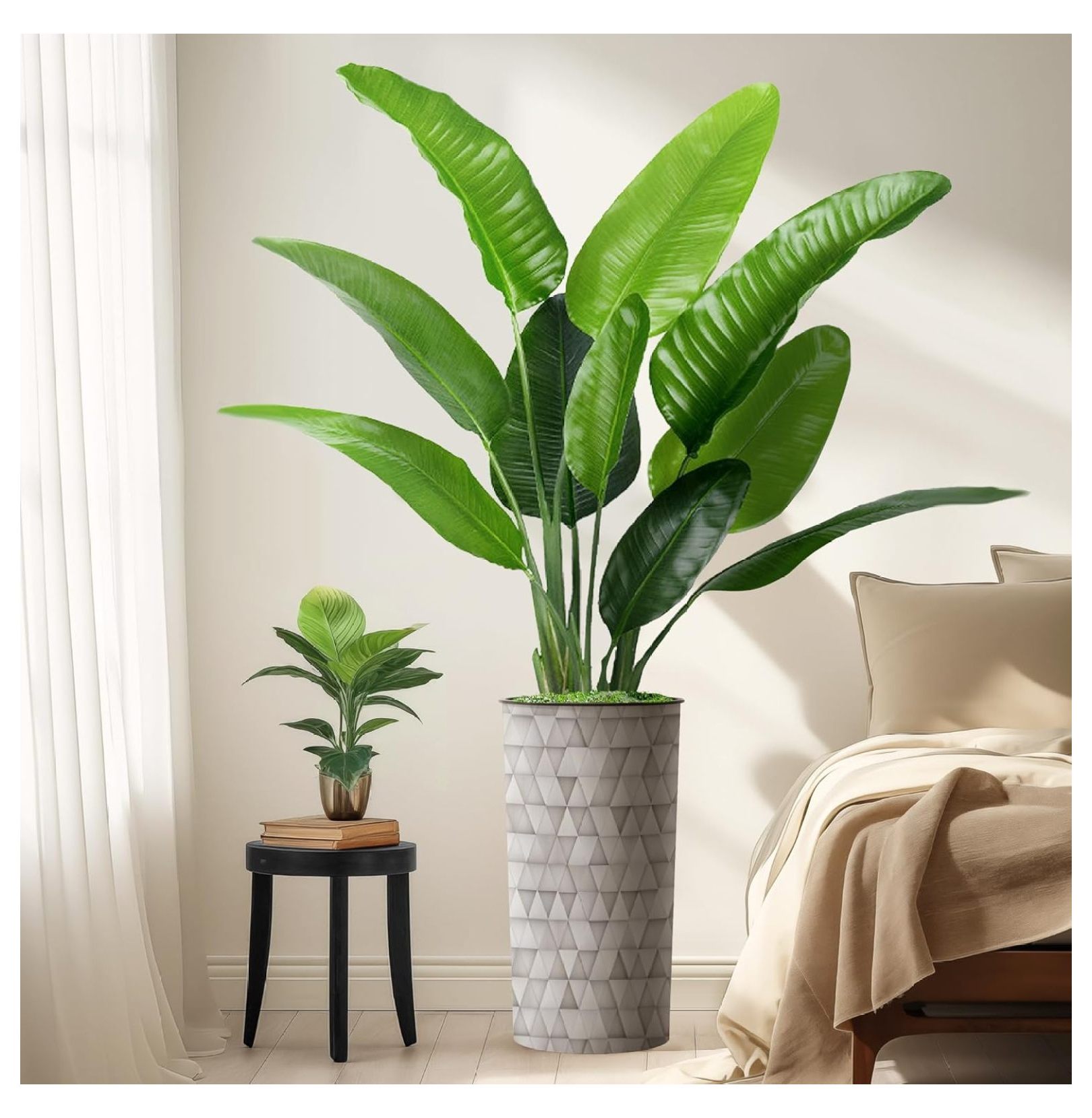 Artificial Tree in Modern Triangle Pattern Planter, Fake Banana Leaf ...