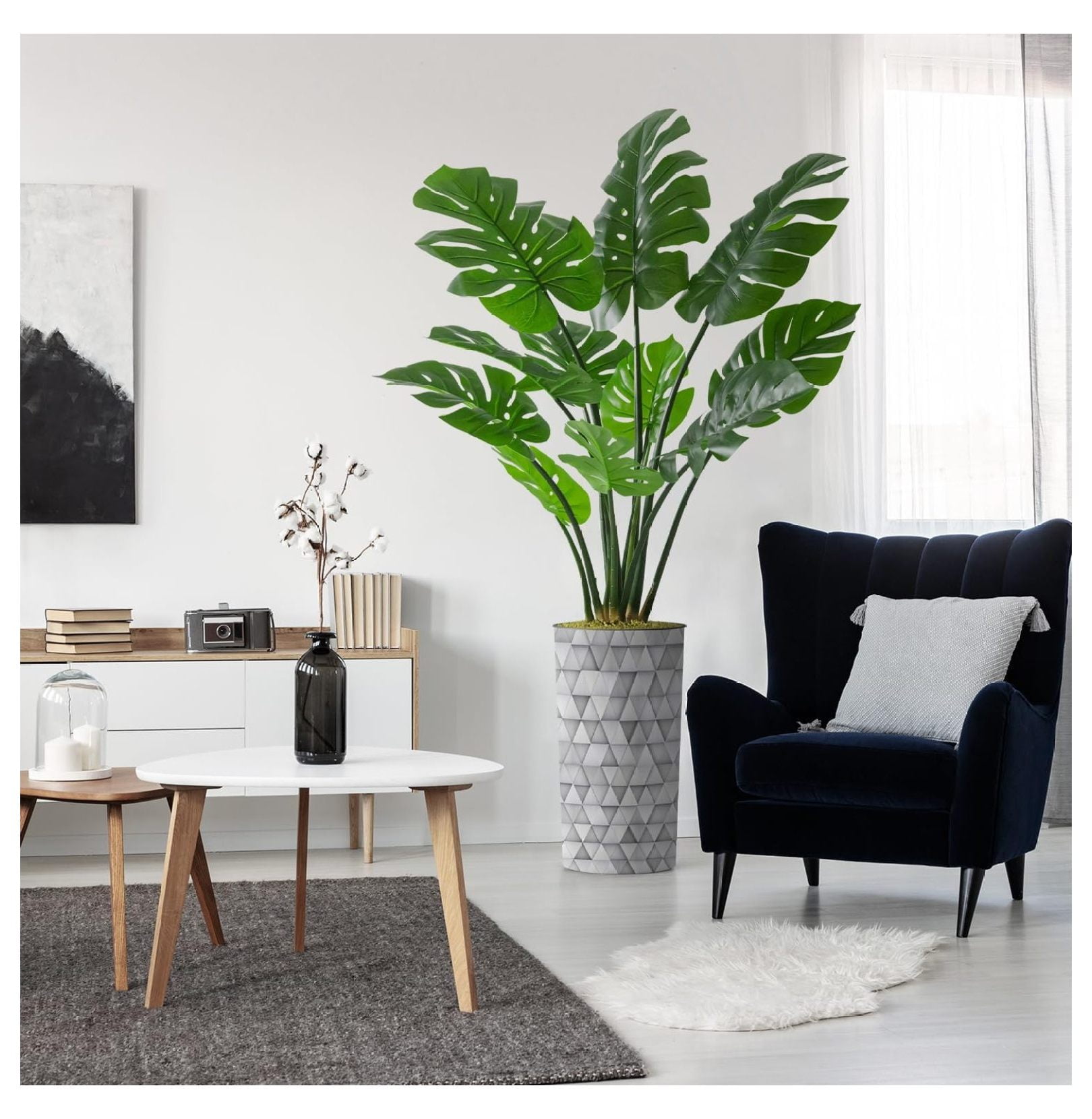 Artificial Tree in Modern Triangle Pattern Planter, Fake Monstera Silk ...
