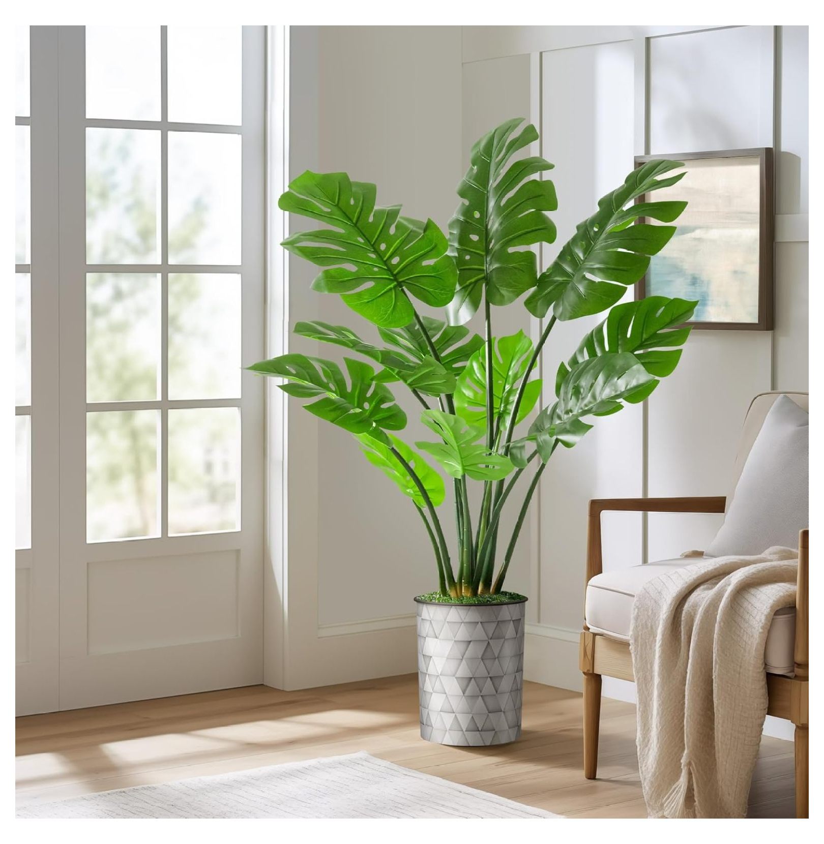 Artificial Tree in Modern Triangle Pattern Planter, Fake Monstera Silk ...