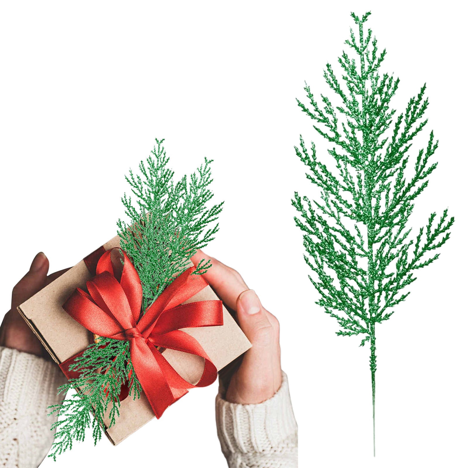 Artificial Tree Picks, Glitter Artificial Pine Leaves Cedar Stems ...