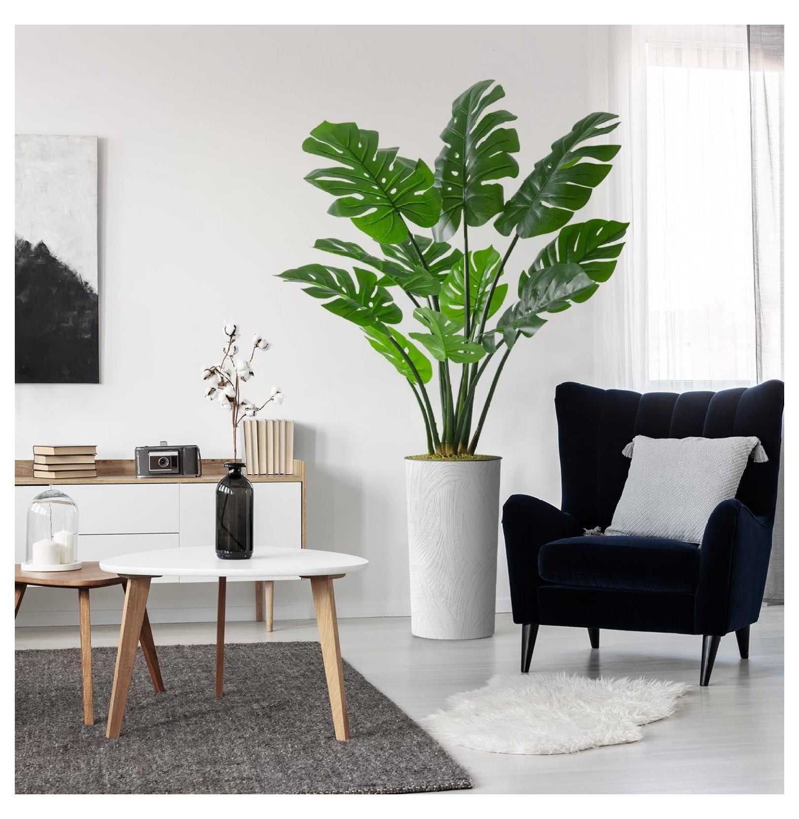 Artificial Tree in White Marble Effect Planter, Fake Monstera Silk Tree ...