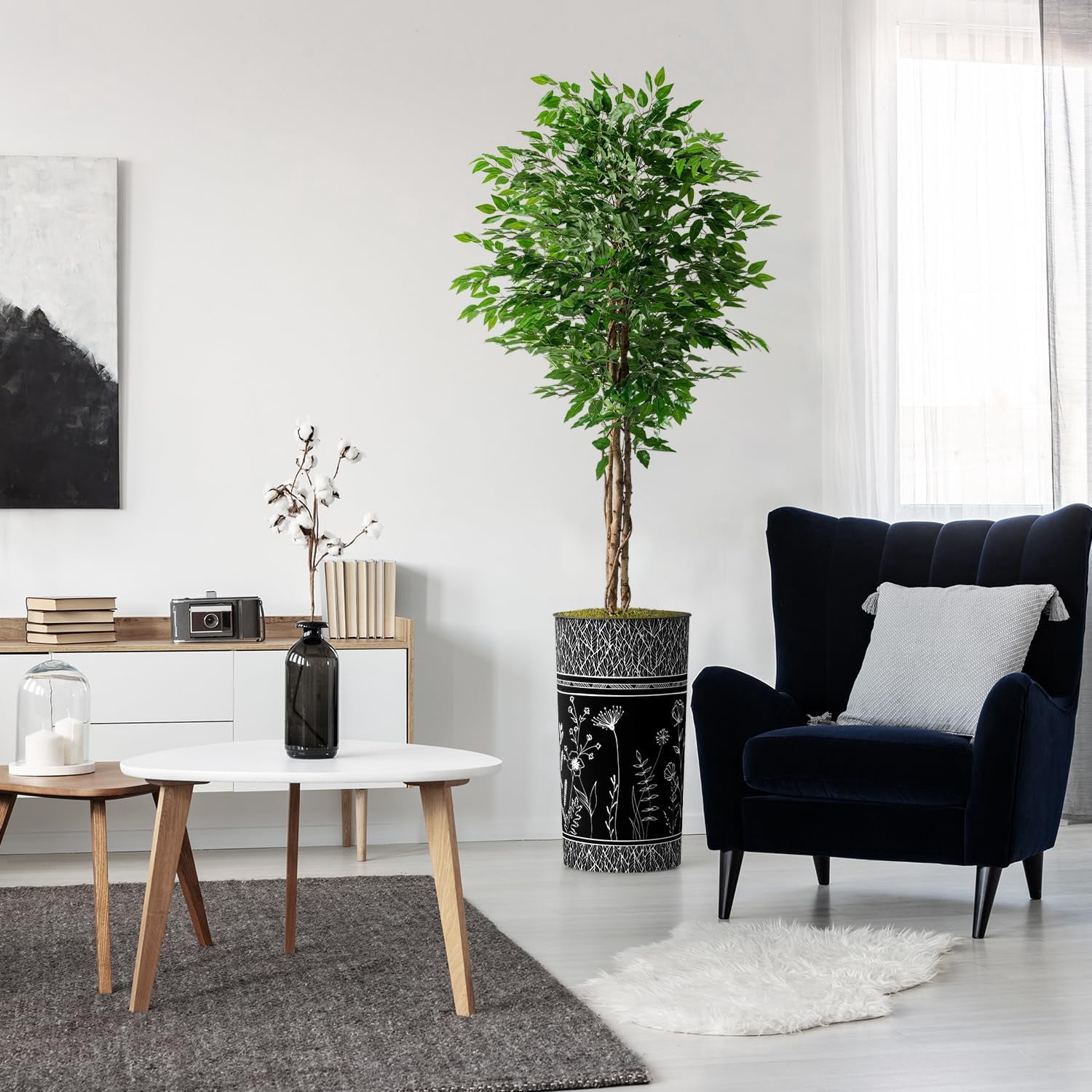 Artificial Tree in Black and White Modern Planter, Fake Ficus Silk Tree ...