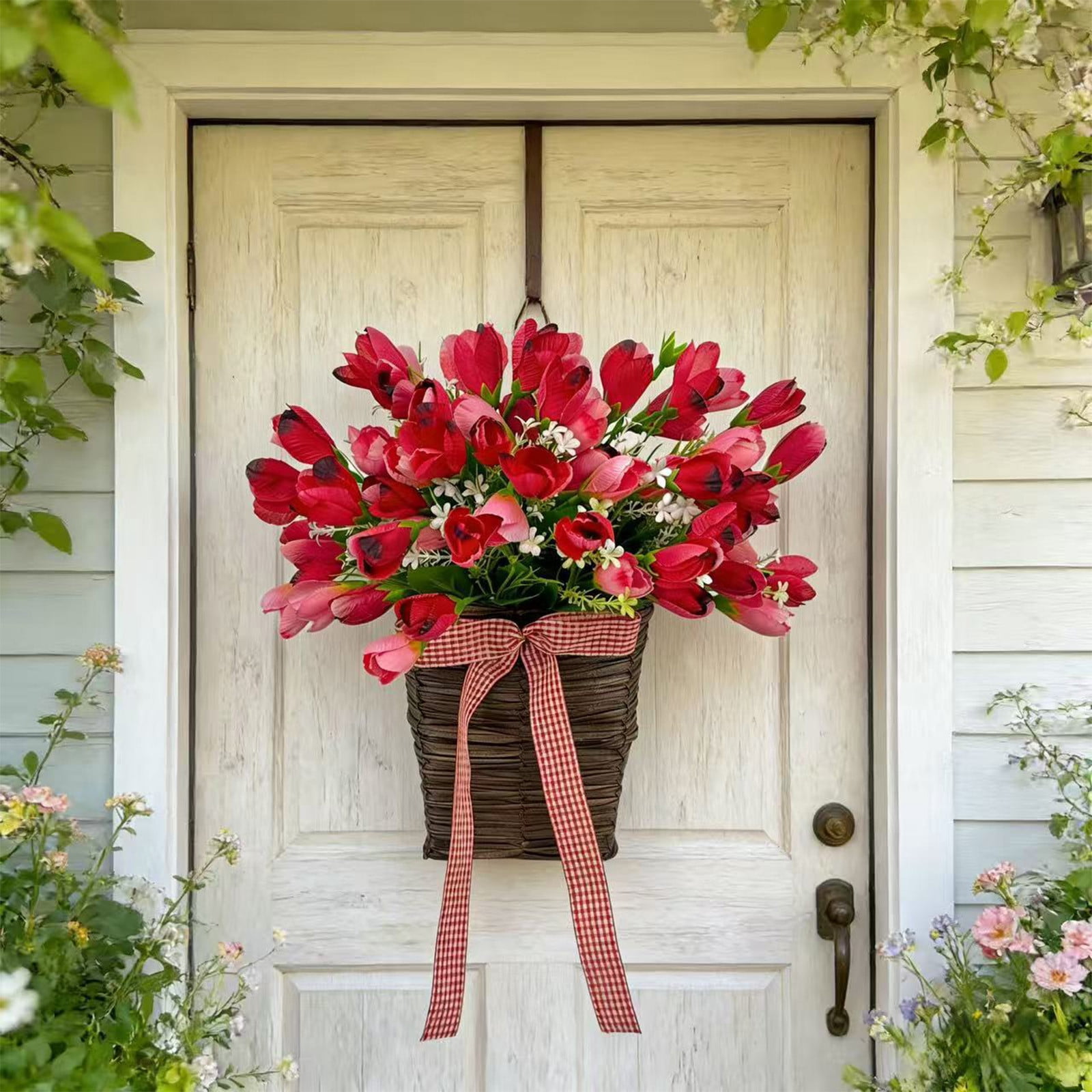 Artificial Tulip Flower Basket, Multicolor Plastic Tulips Bouquet ...