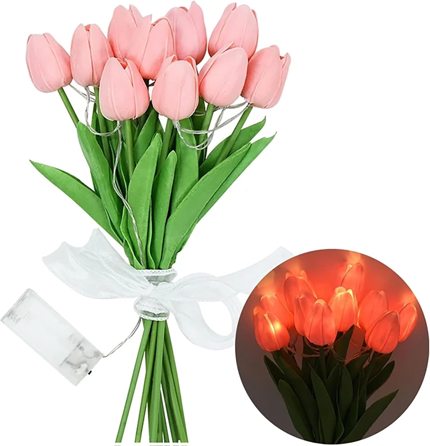 Artificial Tulip Flowers LED Lights Fake Tulips Bouquet Battery Powered ...