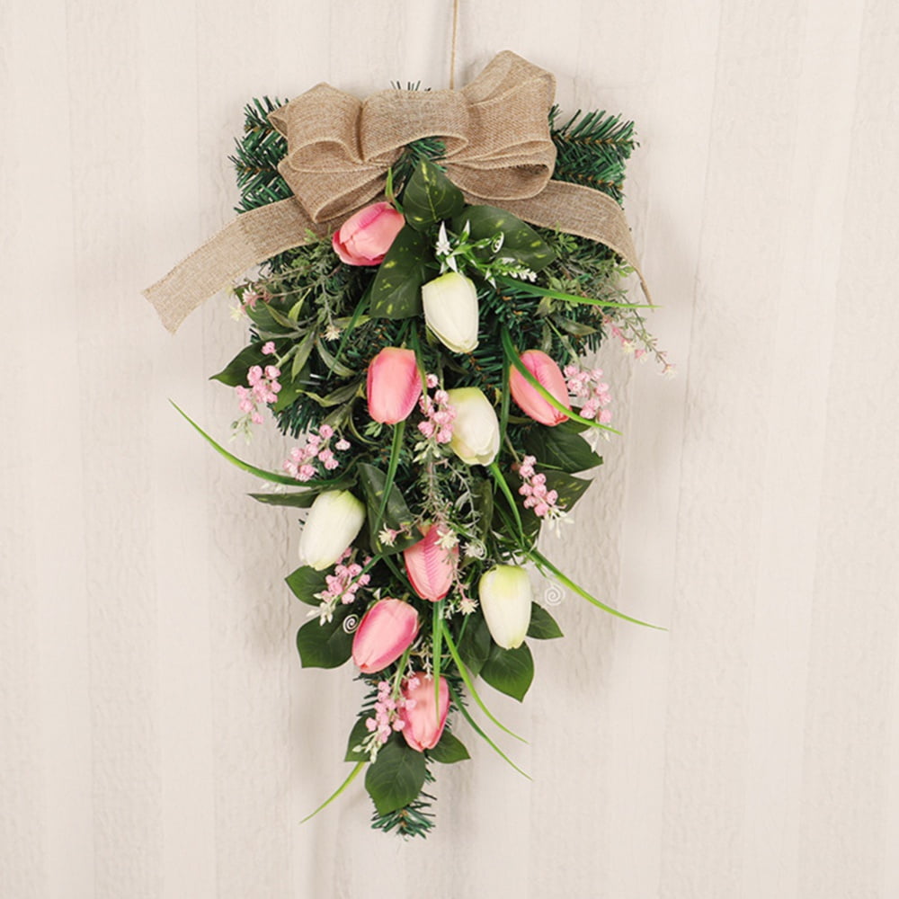 Artificial Tulip Teardrop Wreath with Green Leaves, Faux Floral Swag ...