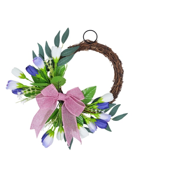 Artificial Tulips Bow Wreath, Silk Spring Floral Door Wreath Rattan ...