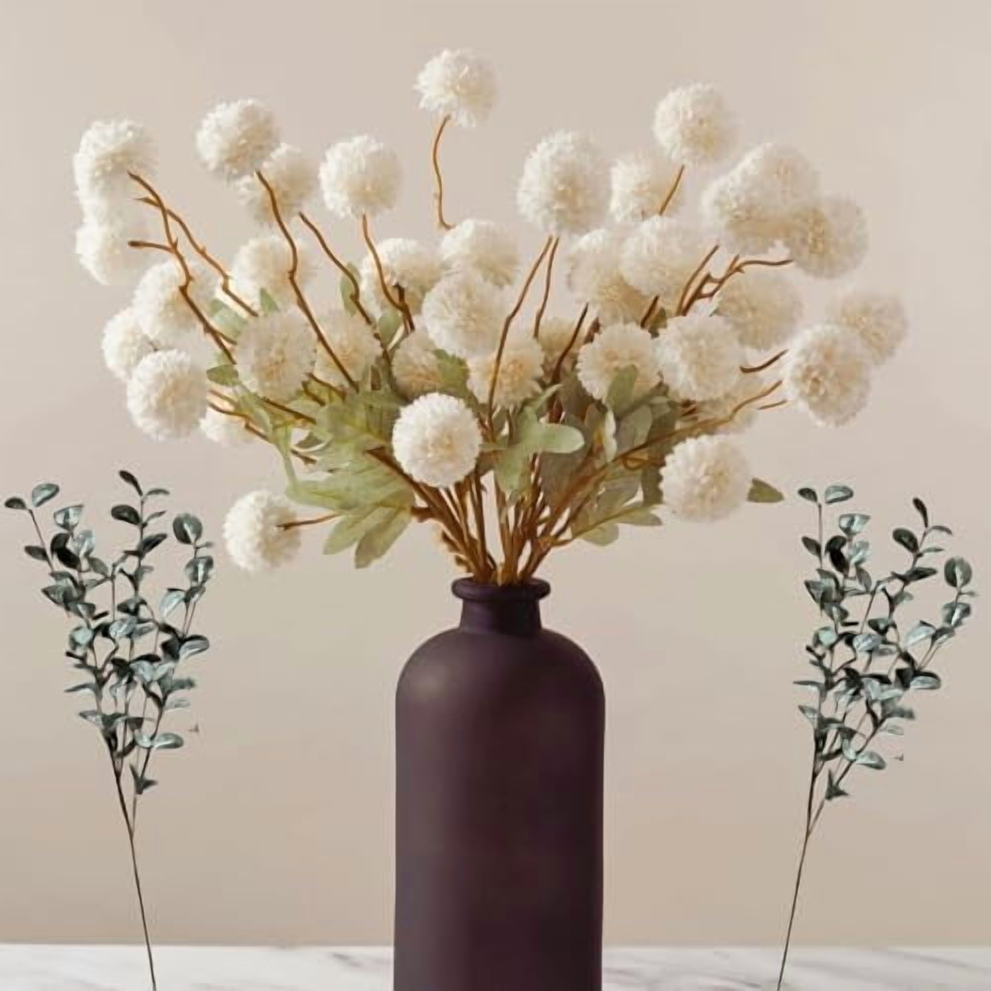 Artificial White Kiku & Orange Wax Flowers, Bulk Silk Flowers with Long ...