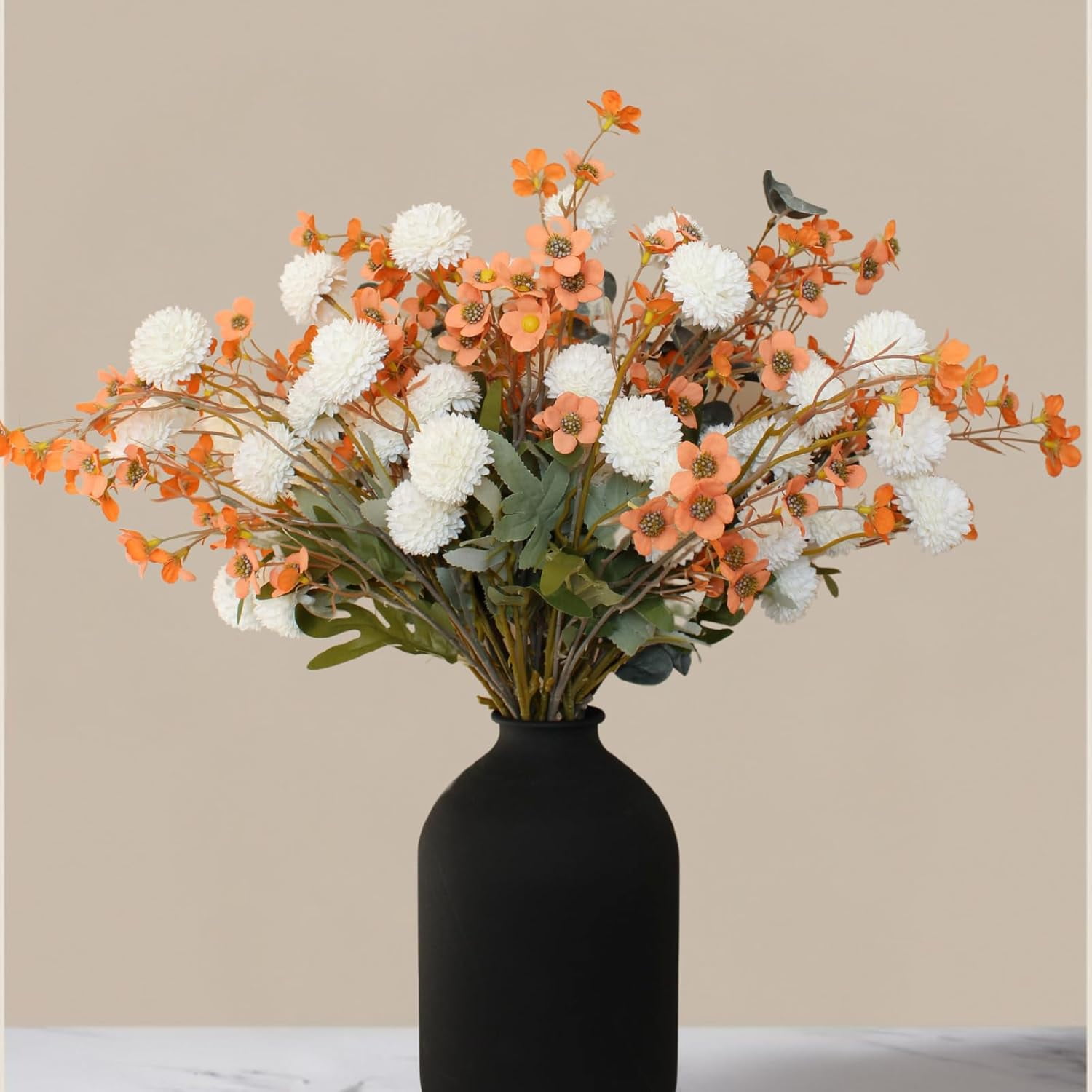 Artificial White Kiku & Orange Wax Flowers, Bulk Silk Flowers with Long ...