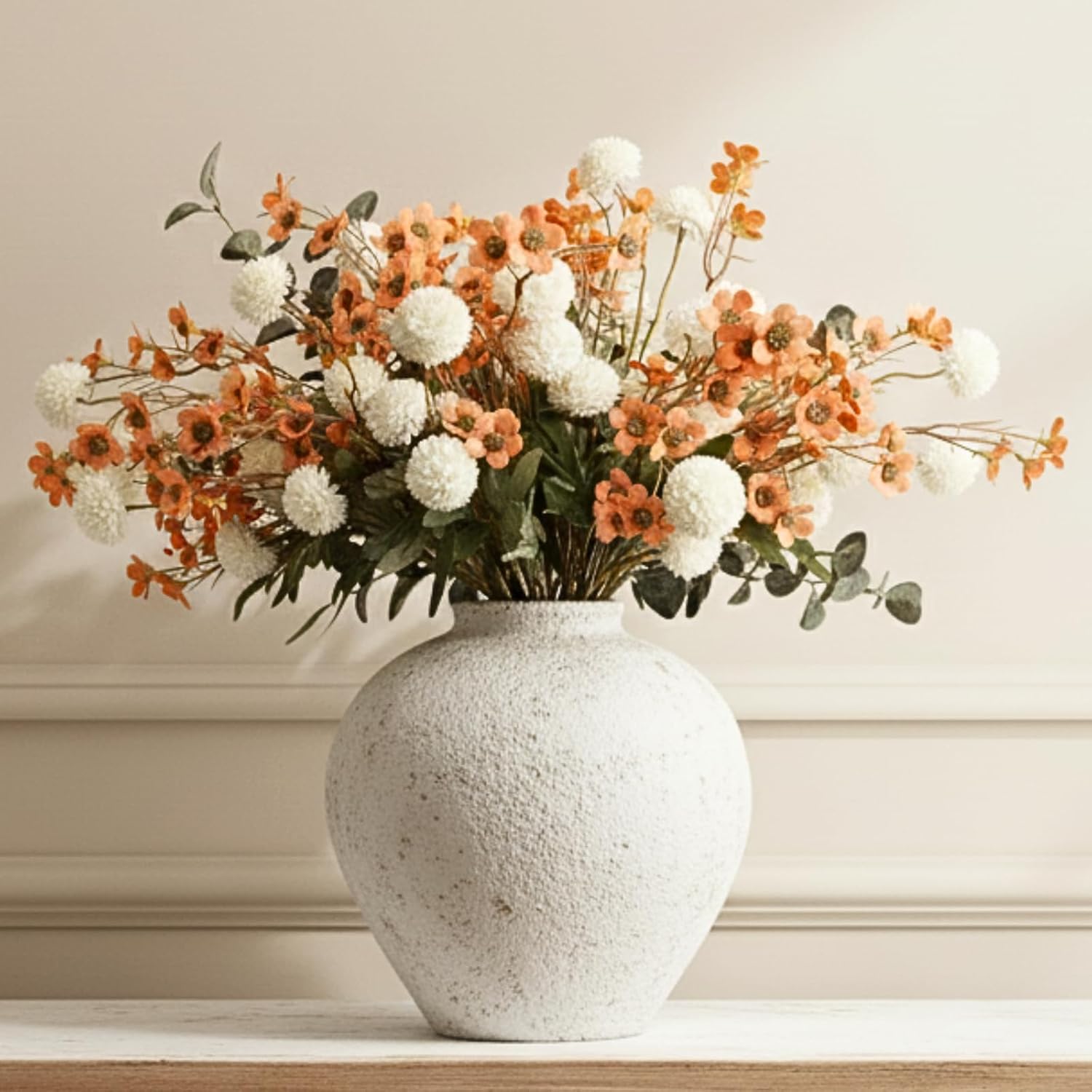 Artificial White Kiku and Orange Wax Flower Stems with Eucalyptus, 22 ...