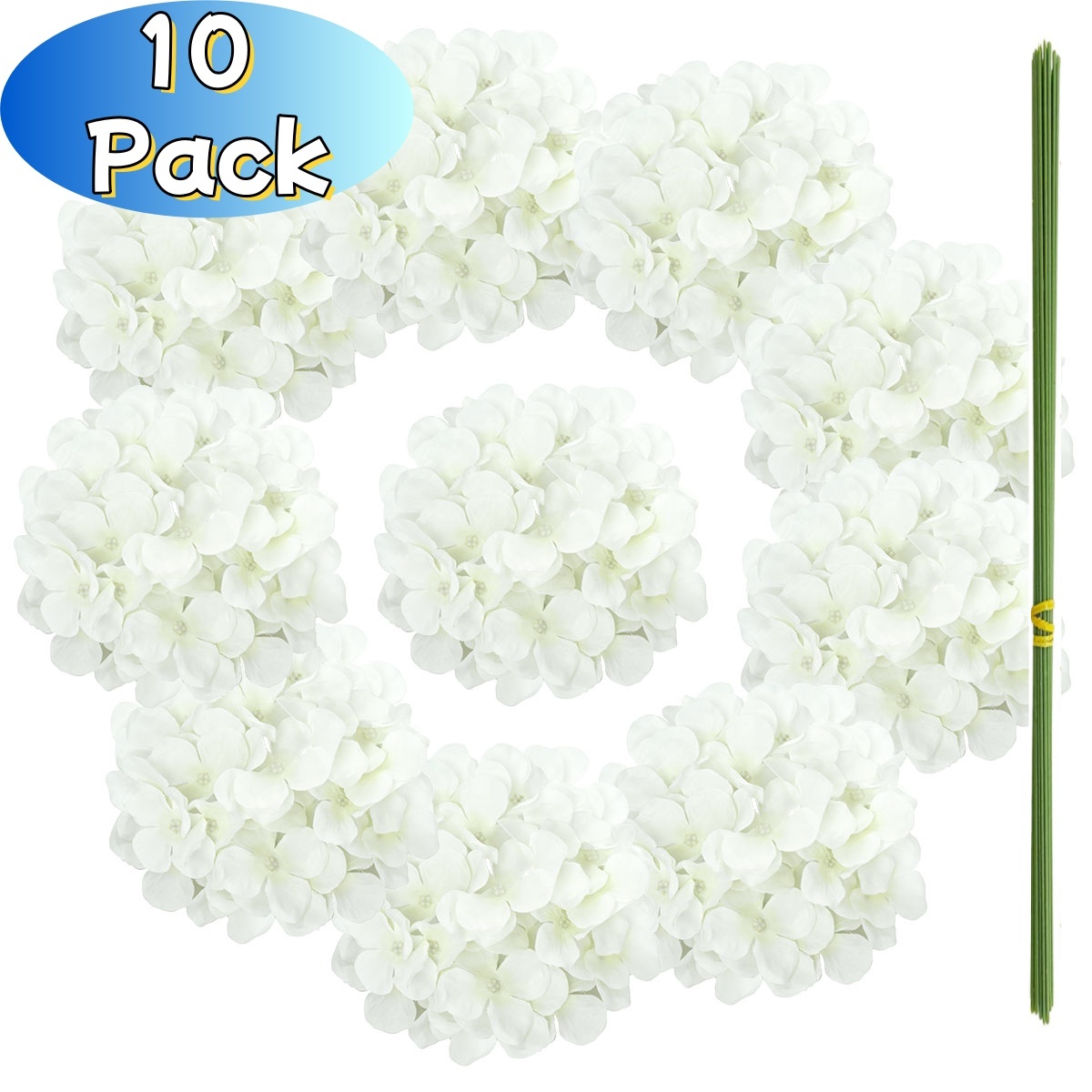 Artificial White Silk Hydrangea Flowers Heads with Stems 10 Pack Floral ...