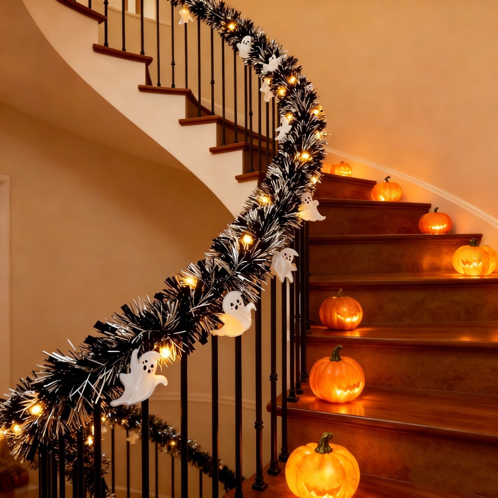 Halloween Tinsel LED Light Garland, Light String with Ghost Pumpkin Bat ...