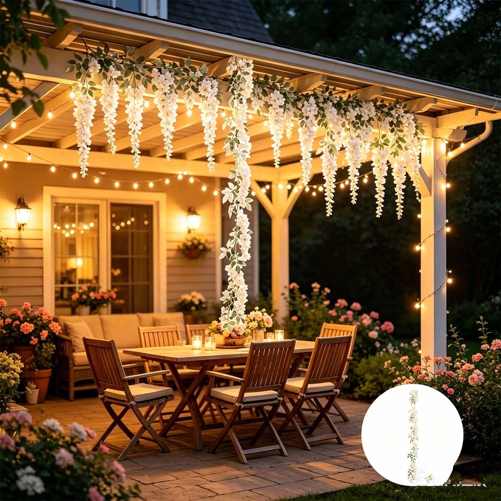 Artificial Wisteria Garland Hanging Silk Flower Vines Green Leaves for ...