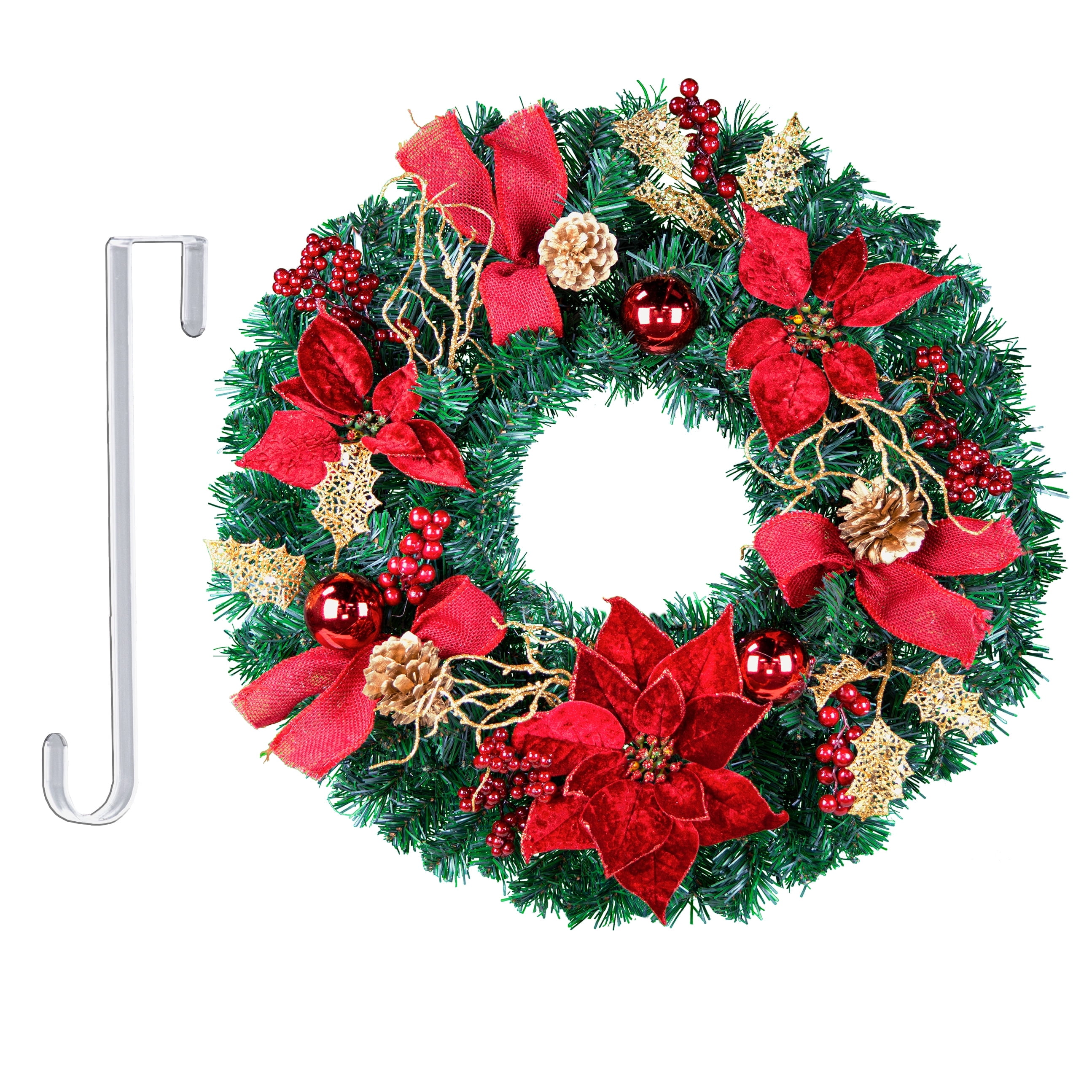 Free Shipping! Artificial Wreath with Door Hanger - Red Poinsettias ...