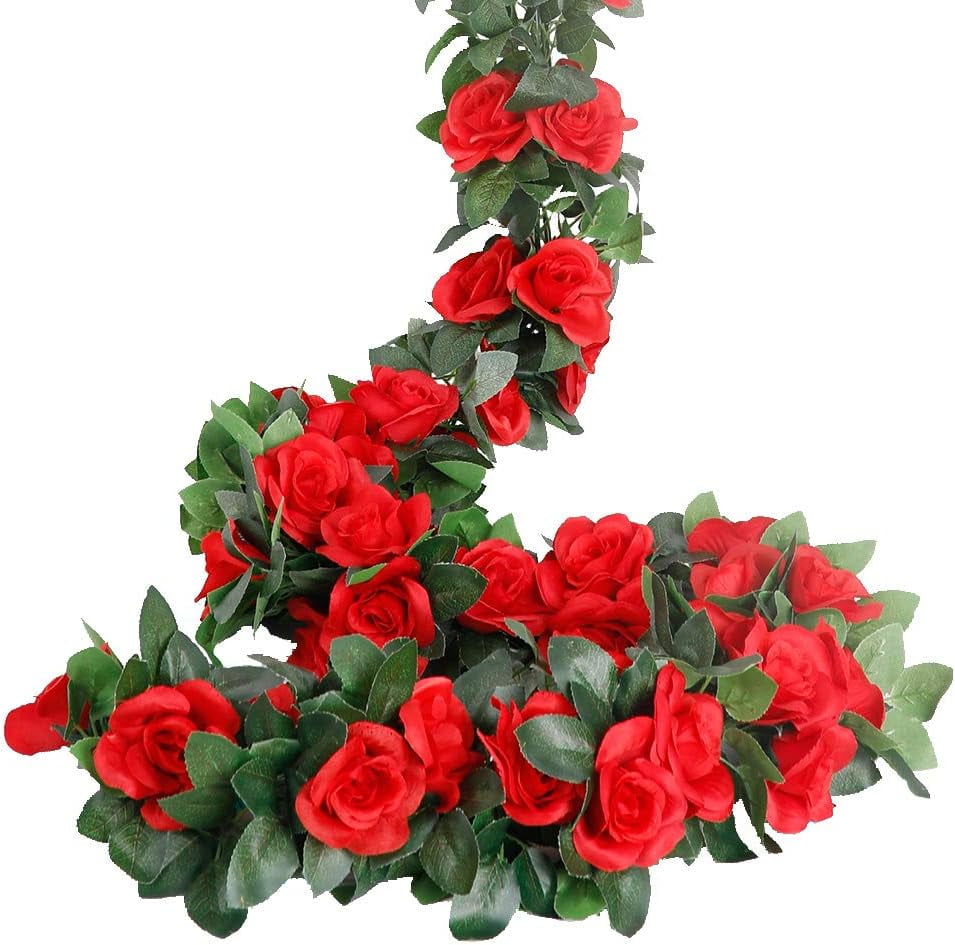 Artificial rose vine 4 pieces (28.8 feet) silk flower vine with green ...