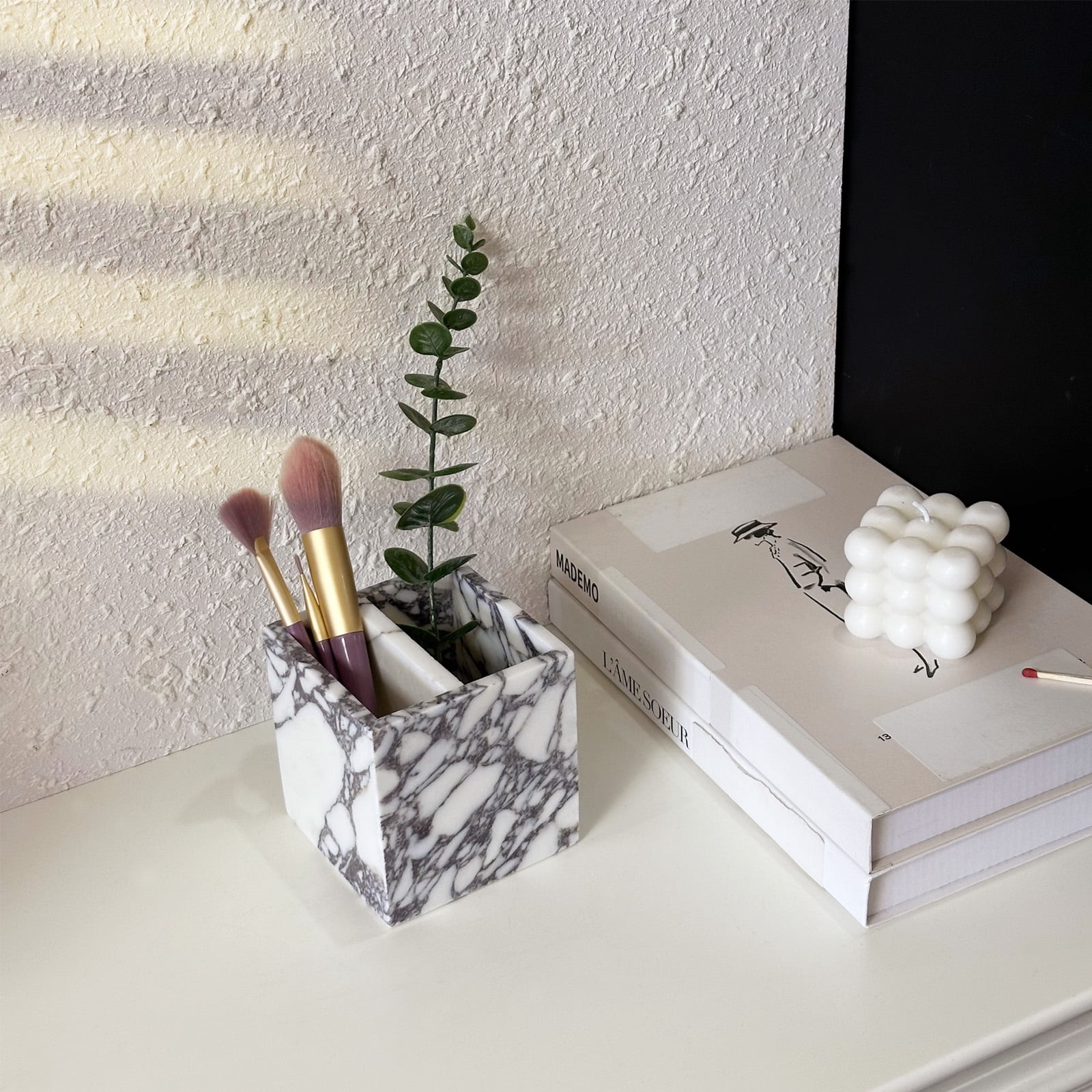 Artisanal Abode Marble Pen Holder, White Stone Rectangular Desktop ...